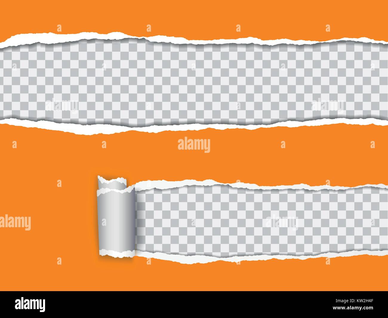 Set vector realistic illustration of orange torn paper with rolled edge ...