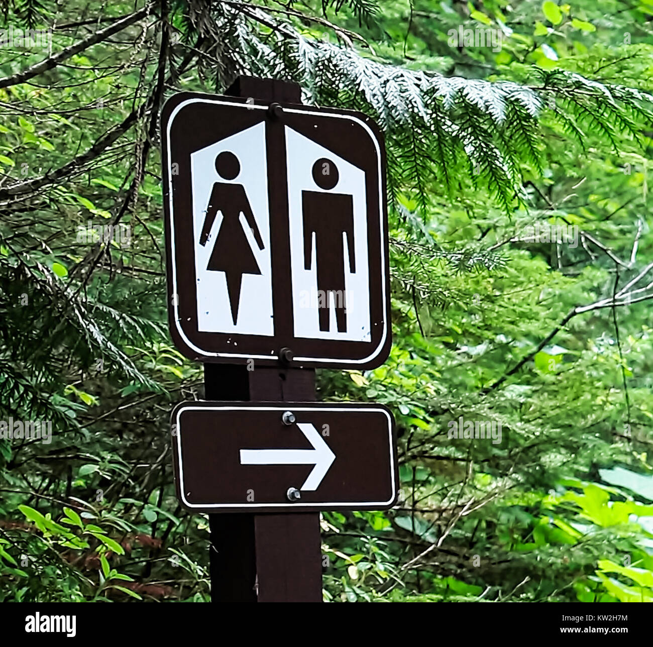 A bathroom sign with a direction arrow Stock Photo - Alamy