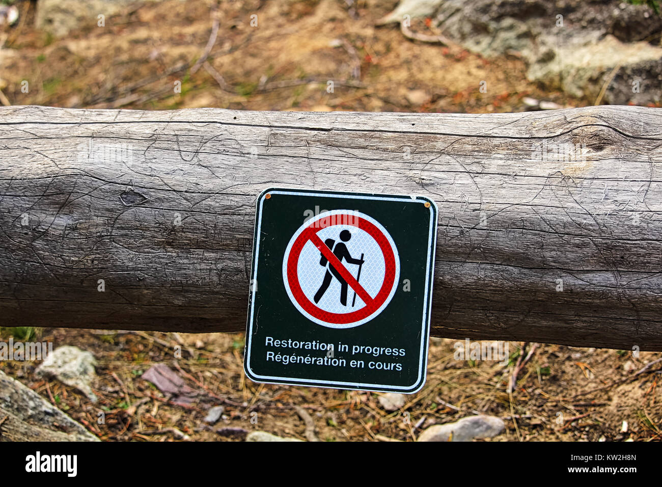 Restoration in progress signs on temporarily closed trails Stock Photo ...