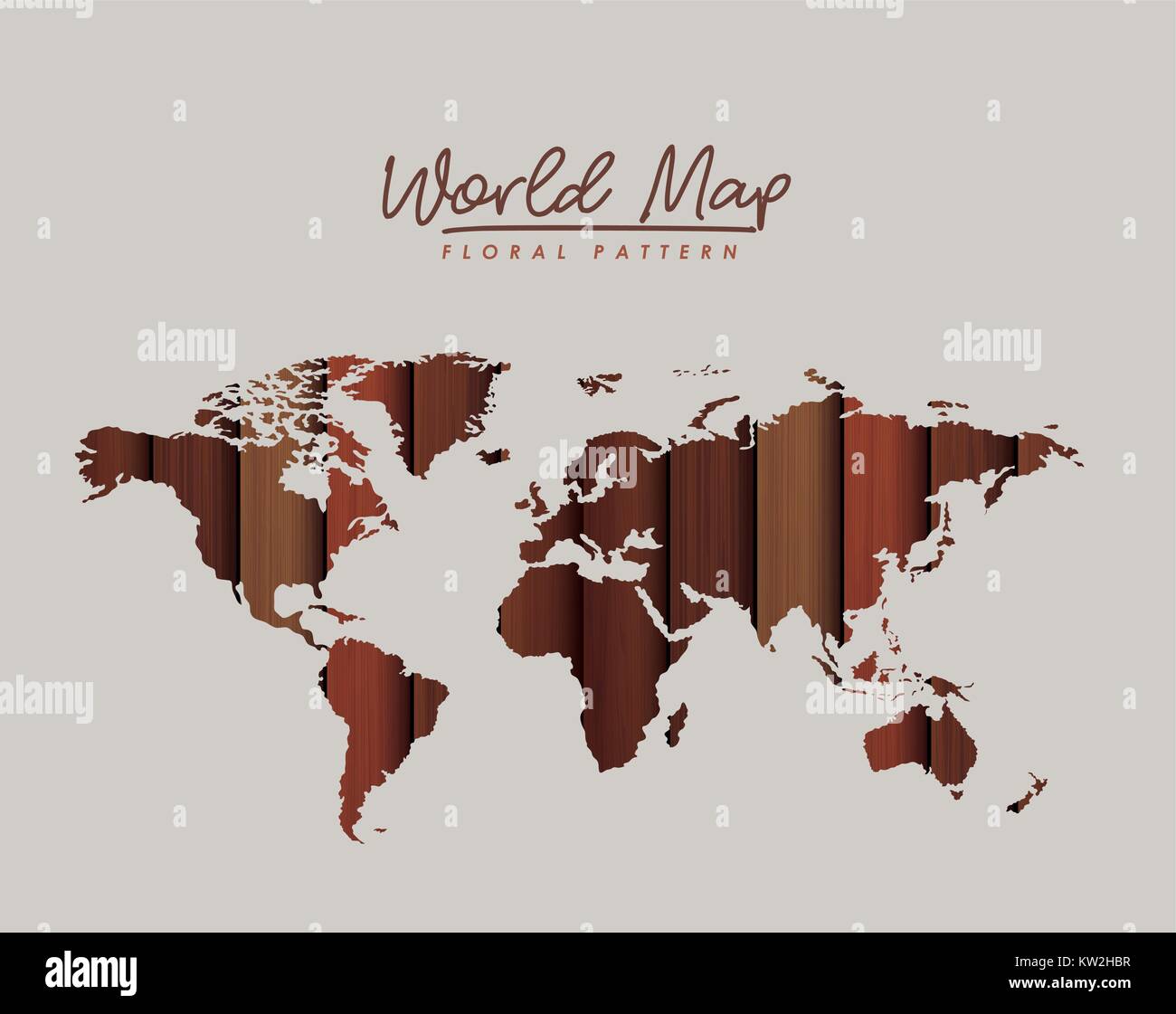 world map floral pattern with brown wood texture lines on light gray ...