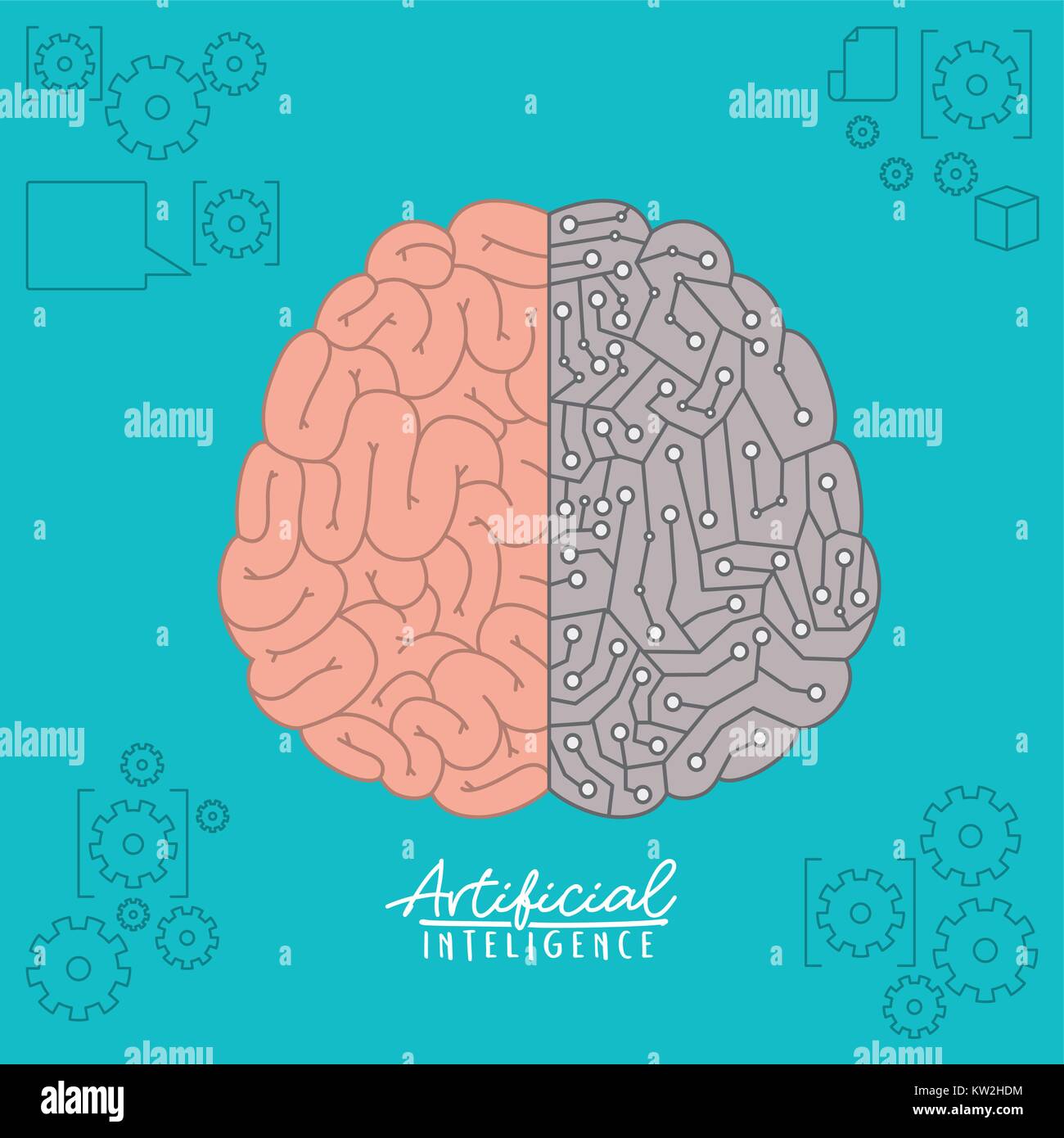 artificial intelligence poster with brain top view in aquamarine ...