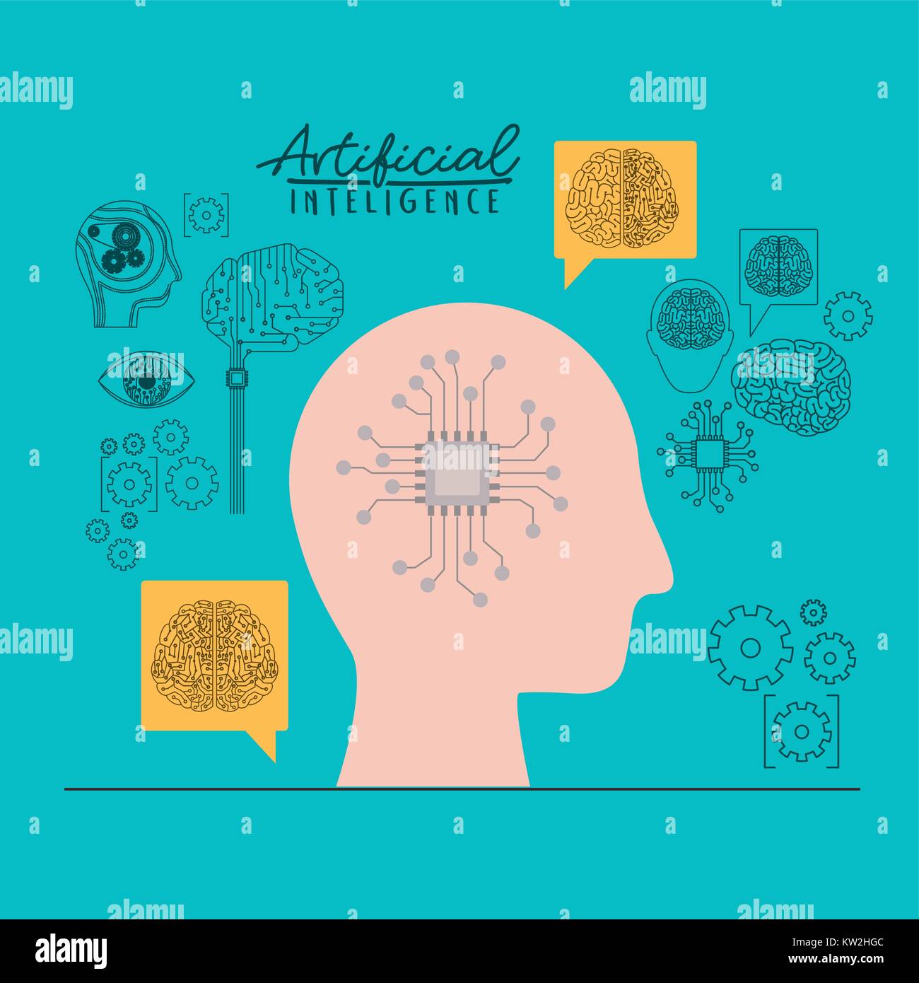 artificial intelligence poster with human head silhouette side view ...