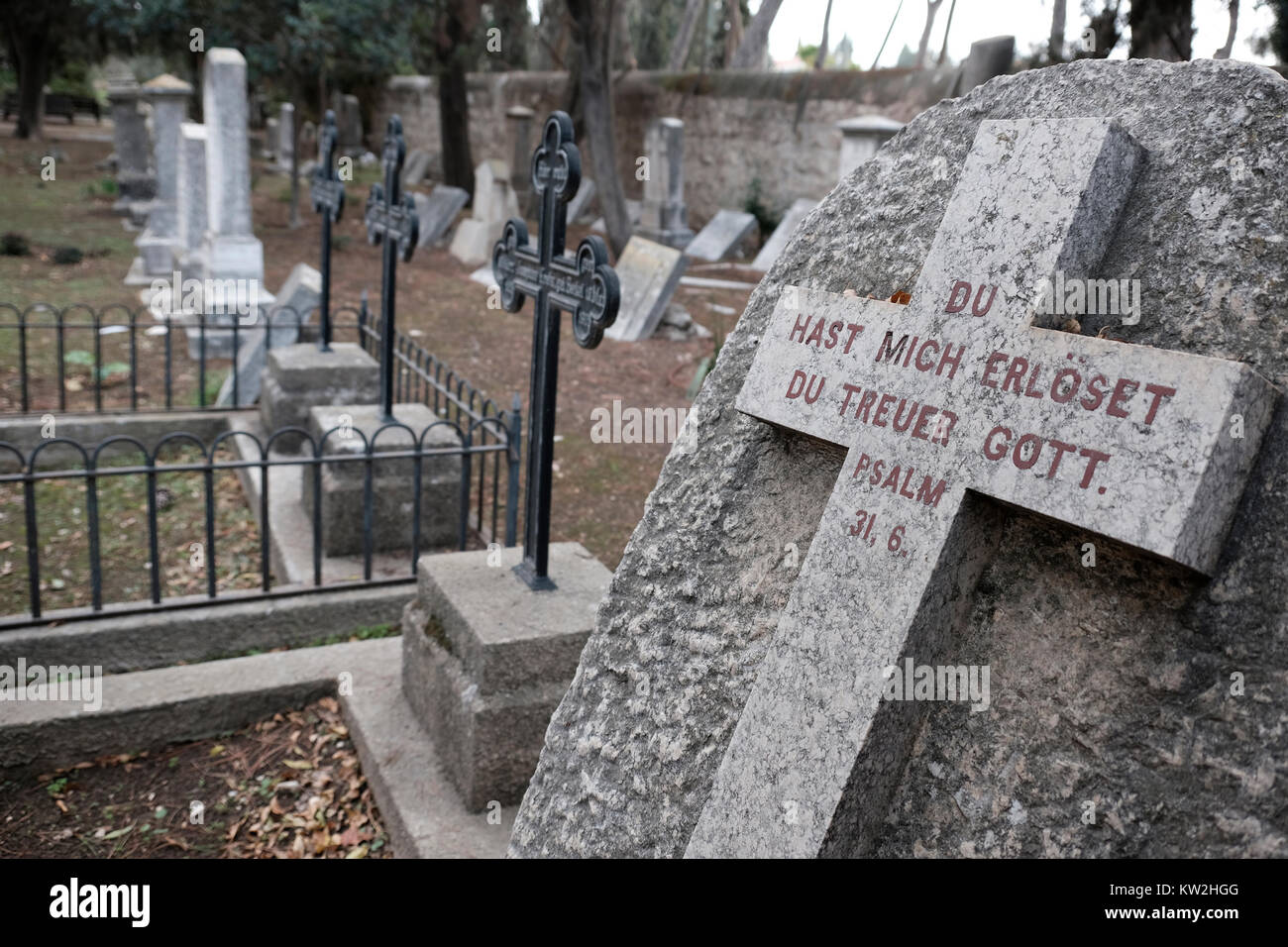 Tombstones at the old Templer cemetery located in Emek Refaim street in ...