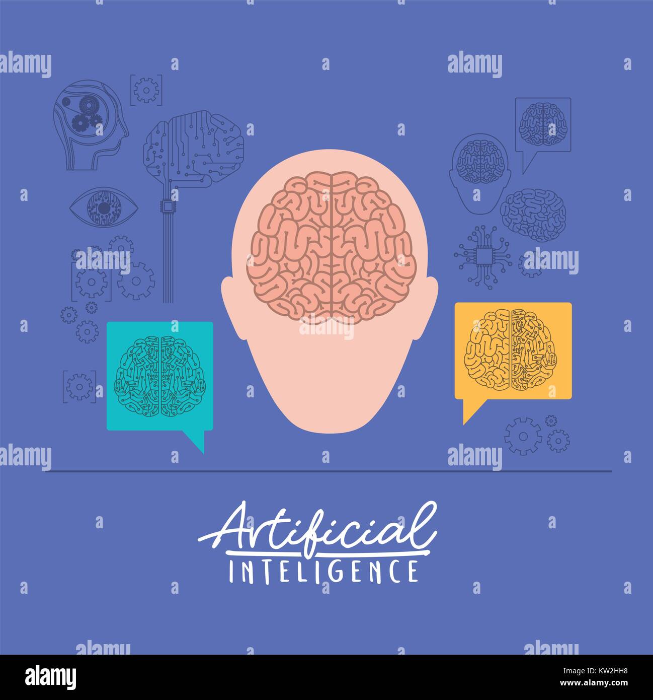 artificial intelligence poster with human head silhouette with brain in ...