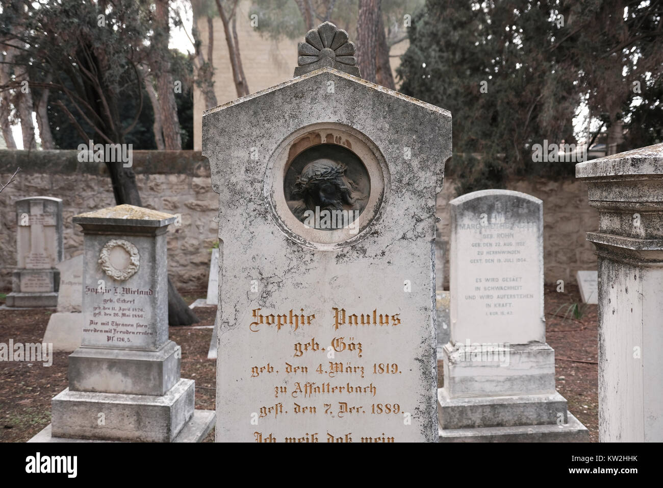 Tombstones at the old Templer cemetery located in Emek Refaim street in ...