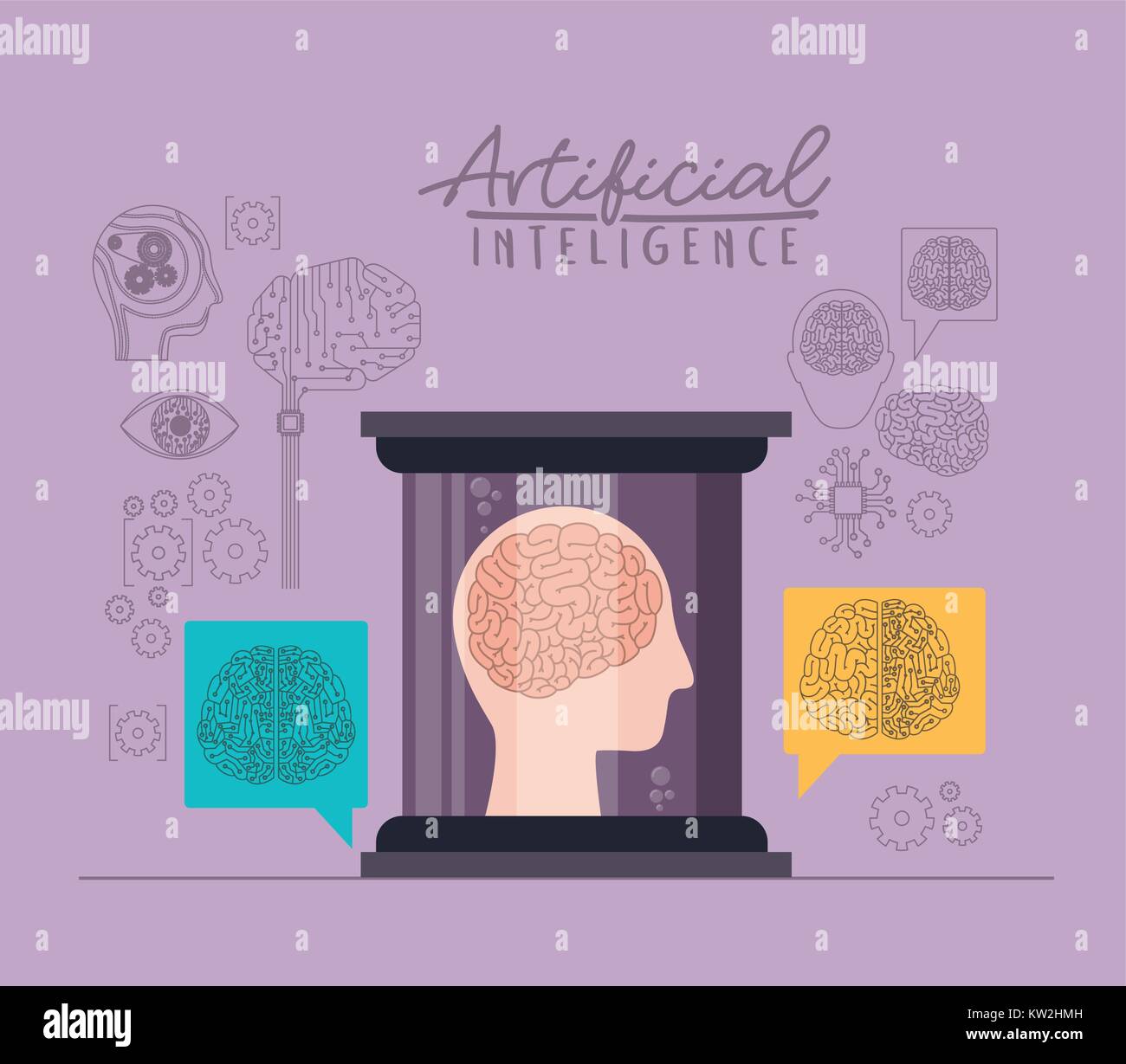 artificial intelligence poster with human head silhouette with brain in ...