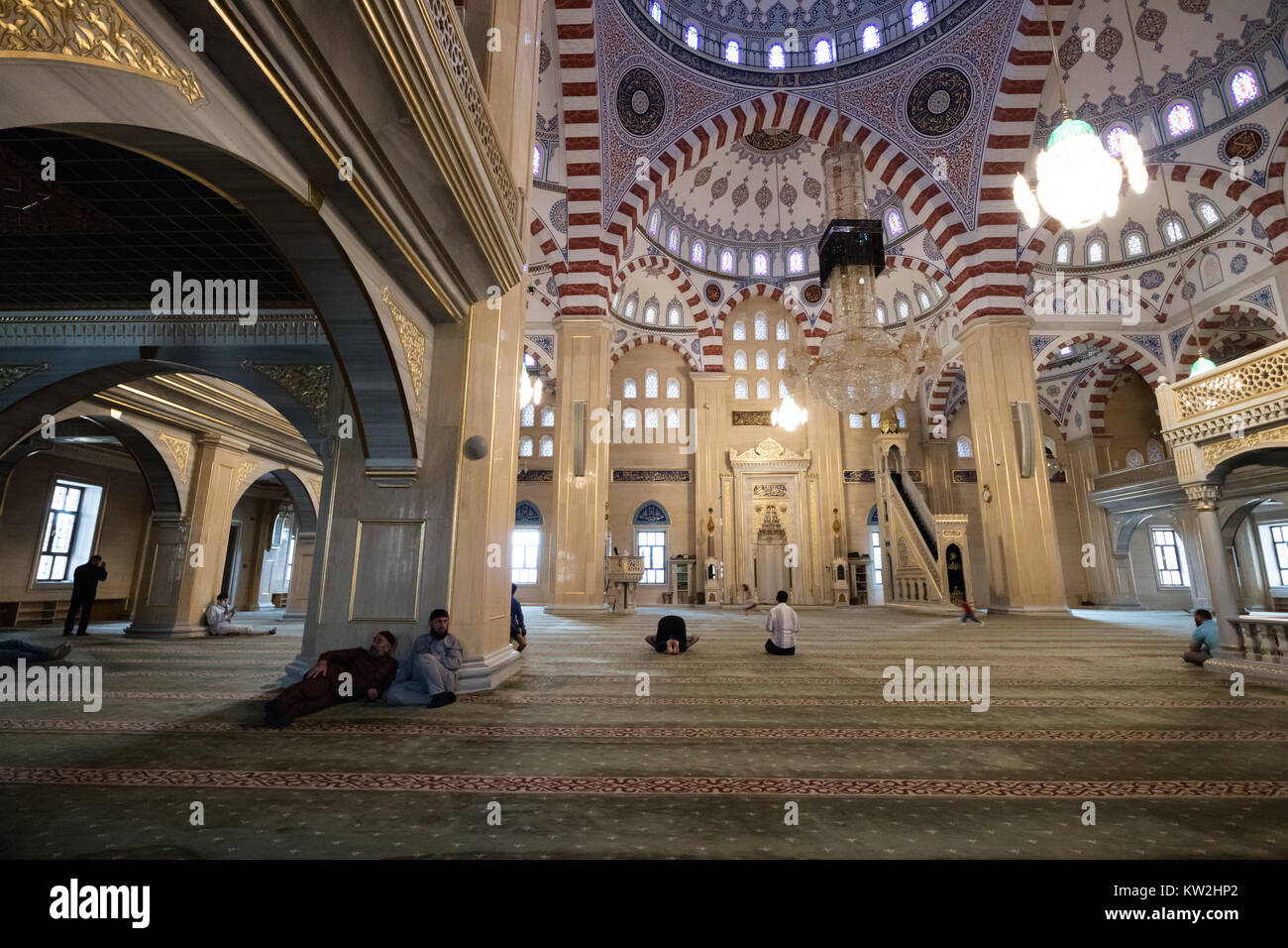 Chechen Muslims pray in Heart of Chechnya mosque, Grozny, Interiors are ...
