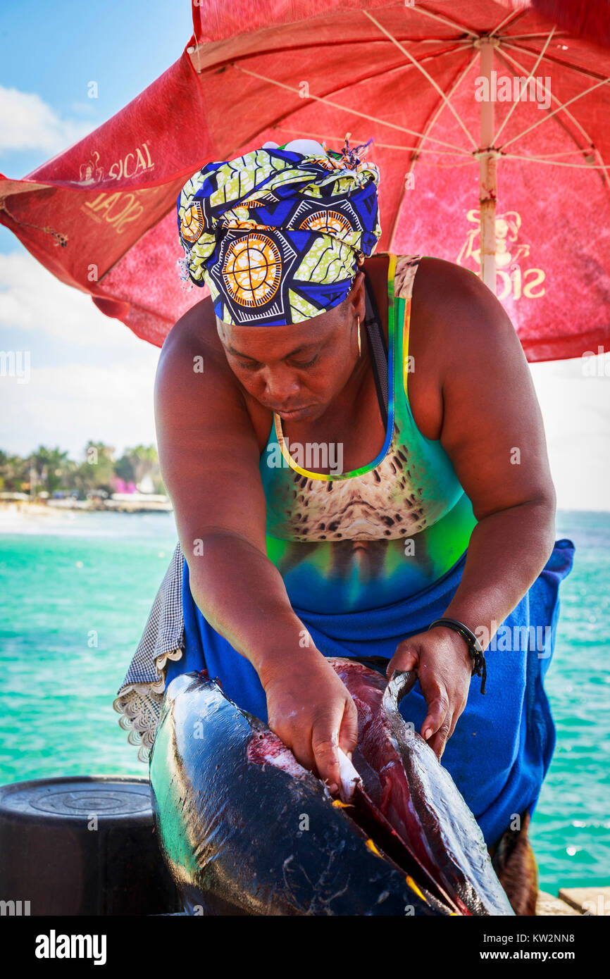 Local woman gutting and filleting a freshly caught tuna on the wooden ...