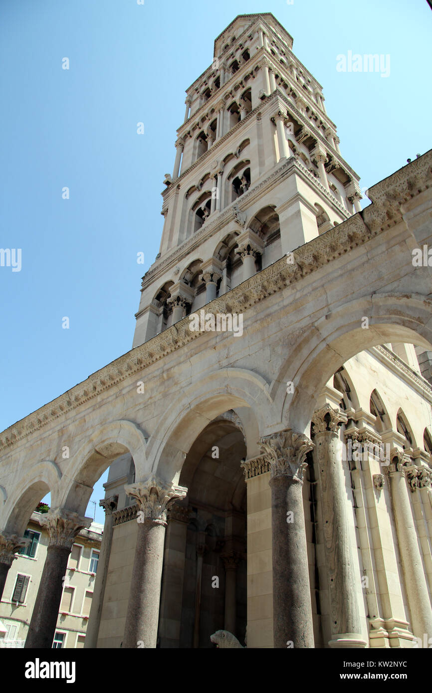 High bell tower of old cathedral in the center of Split, Croatia Stock ...