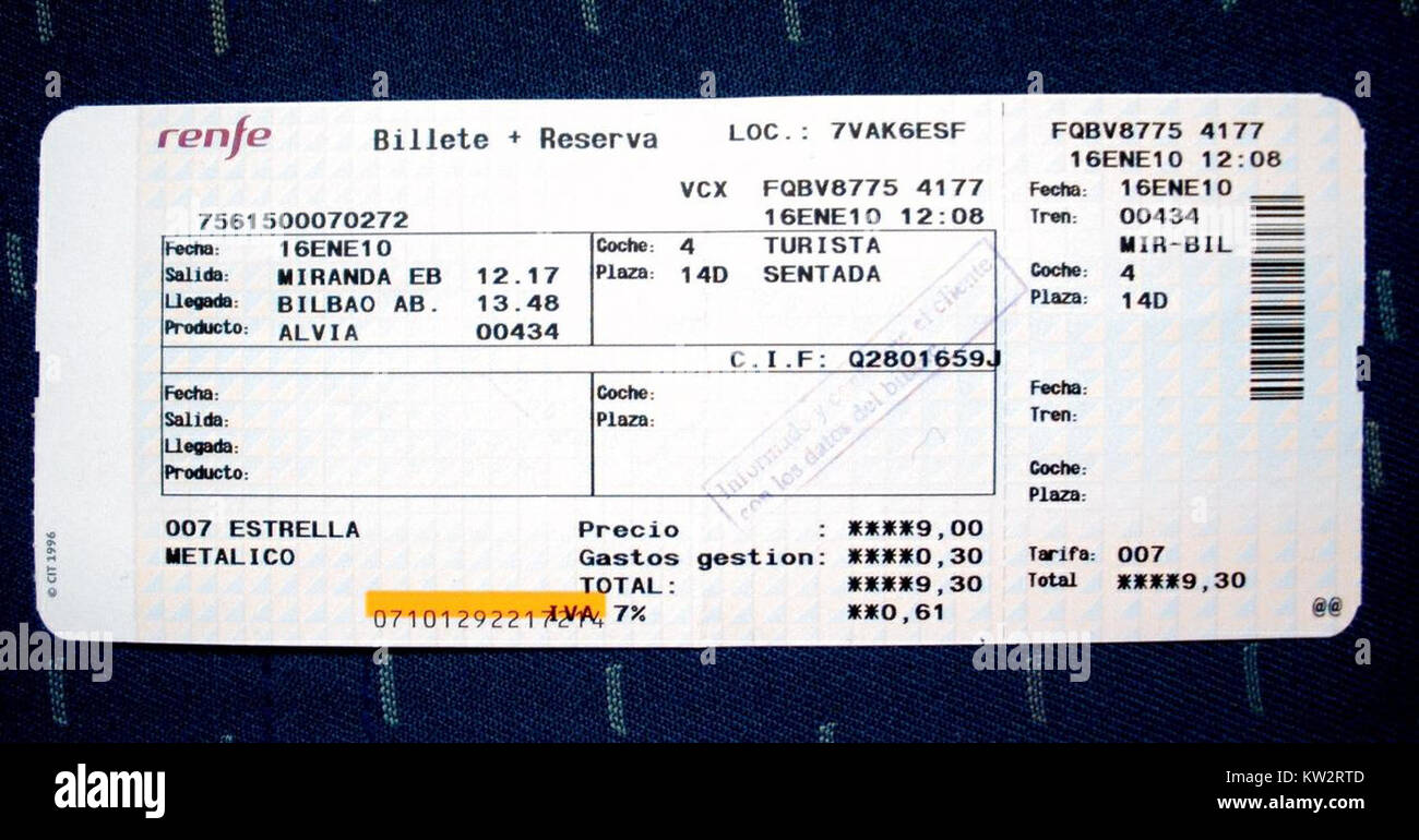 The Alvia train ticket for the route from Miranda to Bilbao in Spain is ...