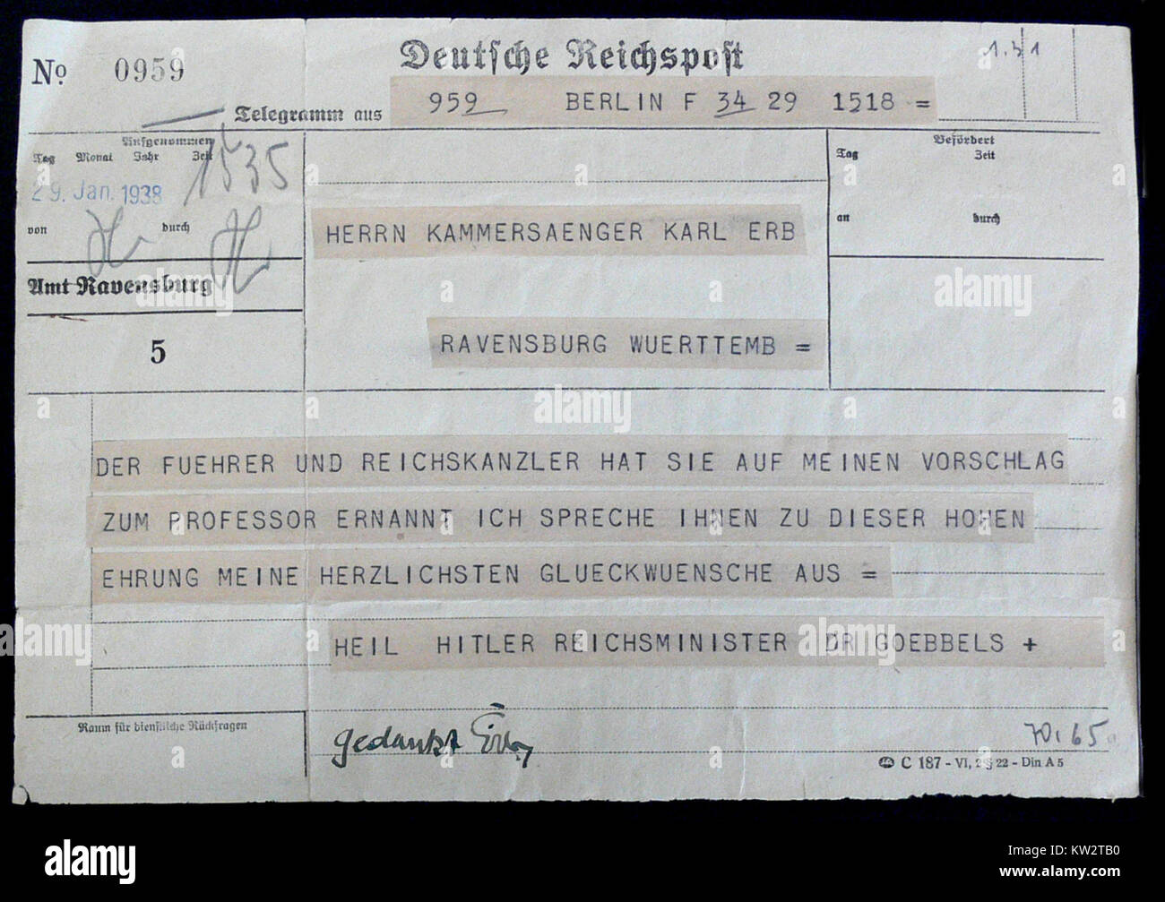 A telegram from 1938 related to Karl Erb and Goebbels, confirming the ...