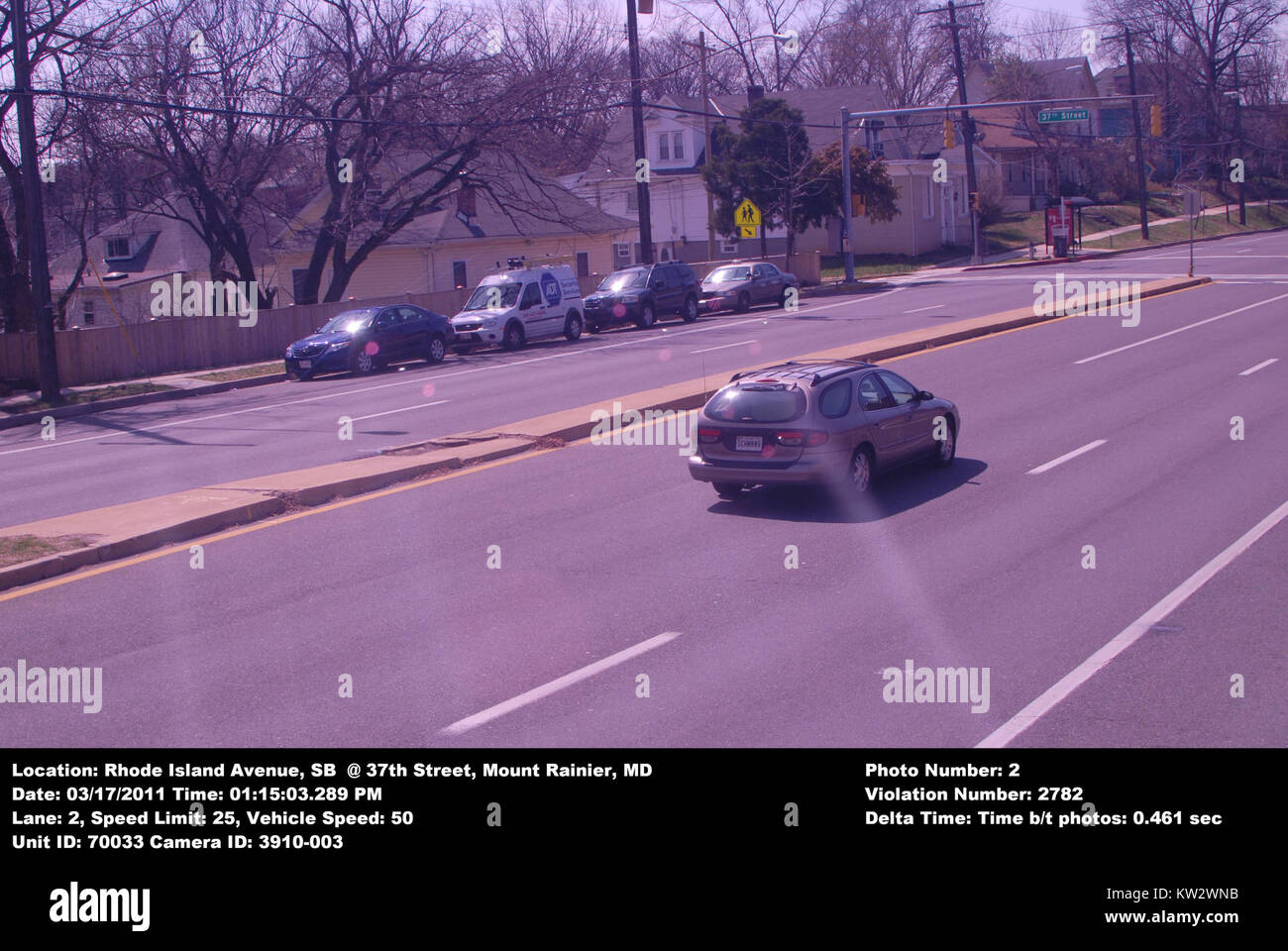 This image shows a speed camera in Mount Rainier, Maryland, capturing a ...
