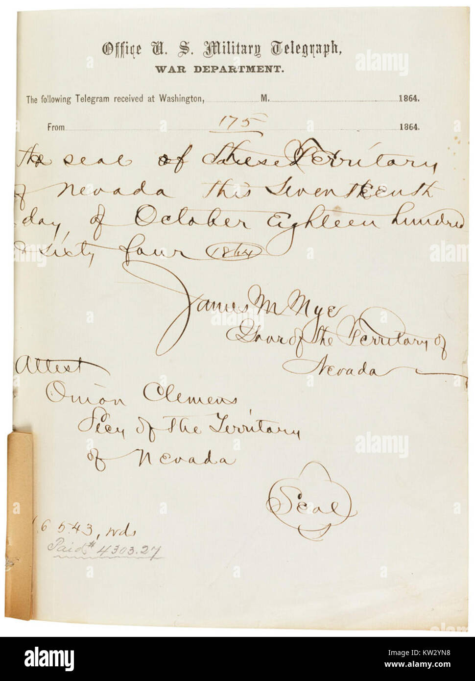 The 1864 signature page of the Nevada Constitution marks the official ...