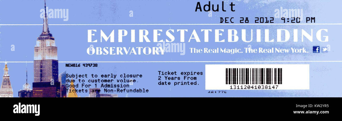 A ticket for the Empire State Building in New York, symbolizing one of ...