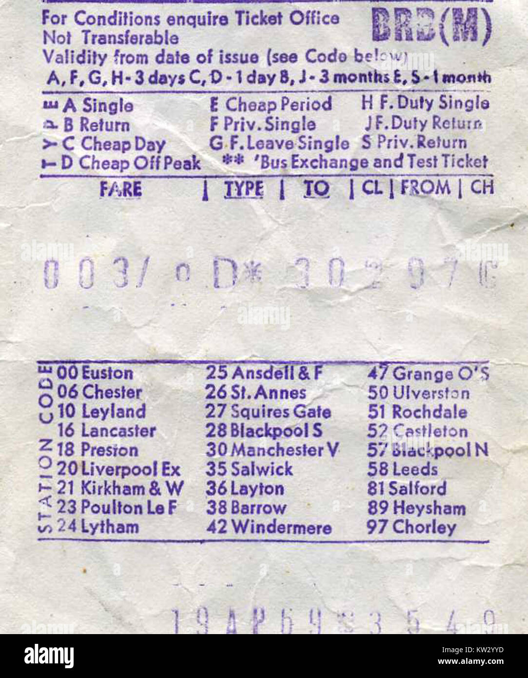 This image shows a 1969 British Rail ticket from the Midland Region ...