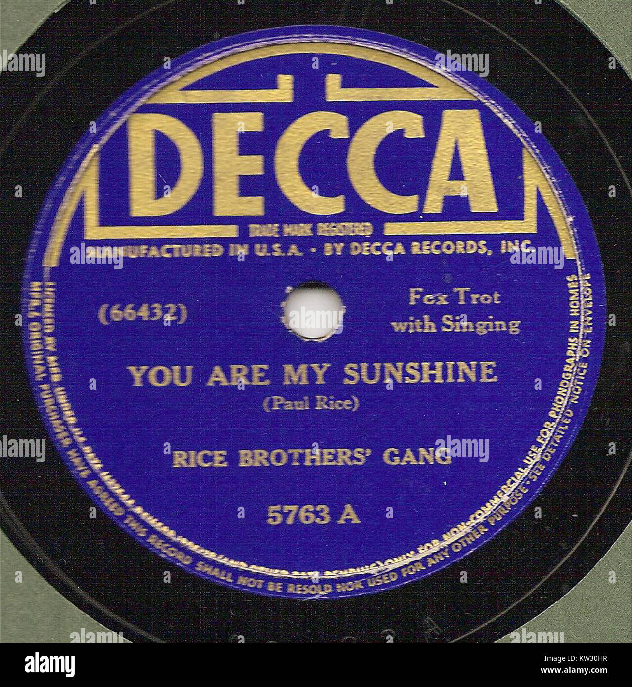 Rice Brothers Gang You Are My Sunshine 78 (Decca Stock Photo - Alamy