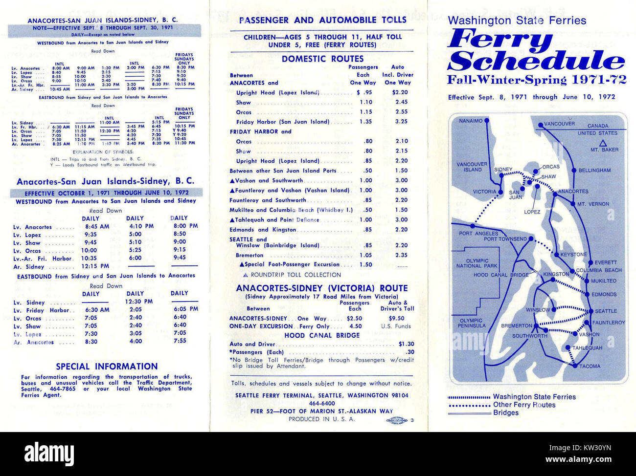 Document showing the ferry timetable for Washington State ferries as of ...