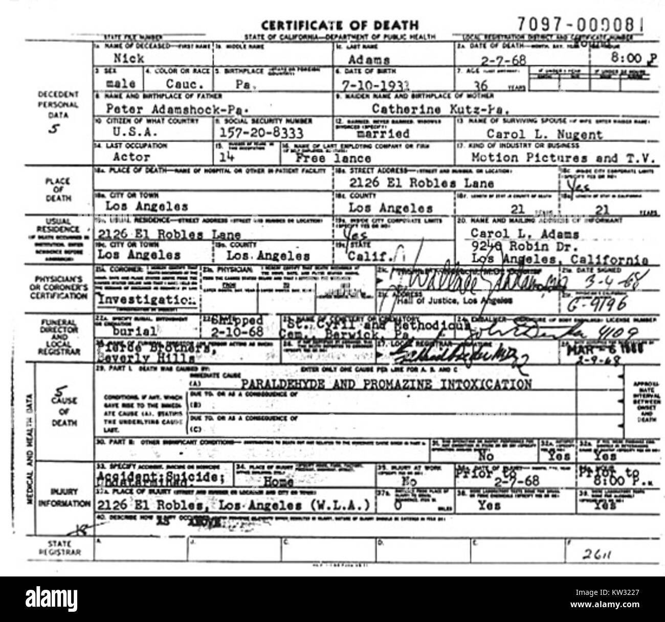 The death certificate of Nick Adams provides official documentation of ...