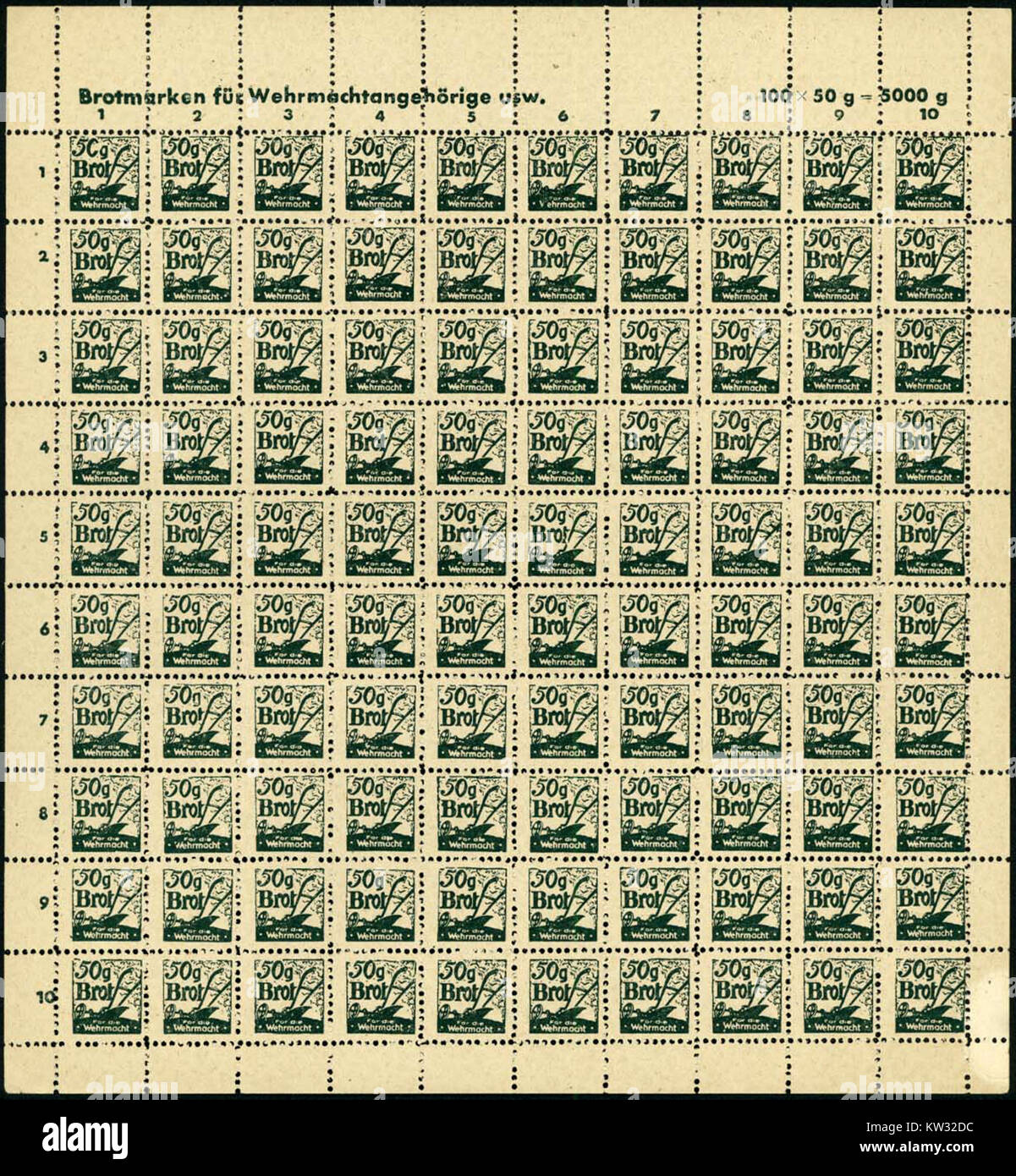 A historical sheet documenting the 50g bread ration during World War II ...
