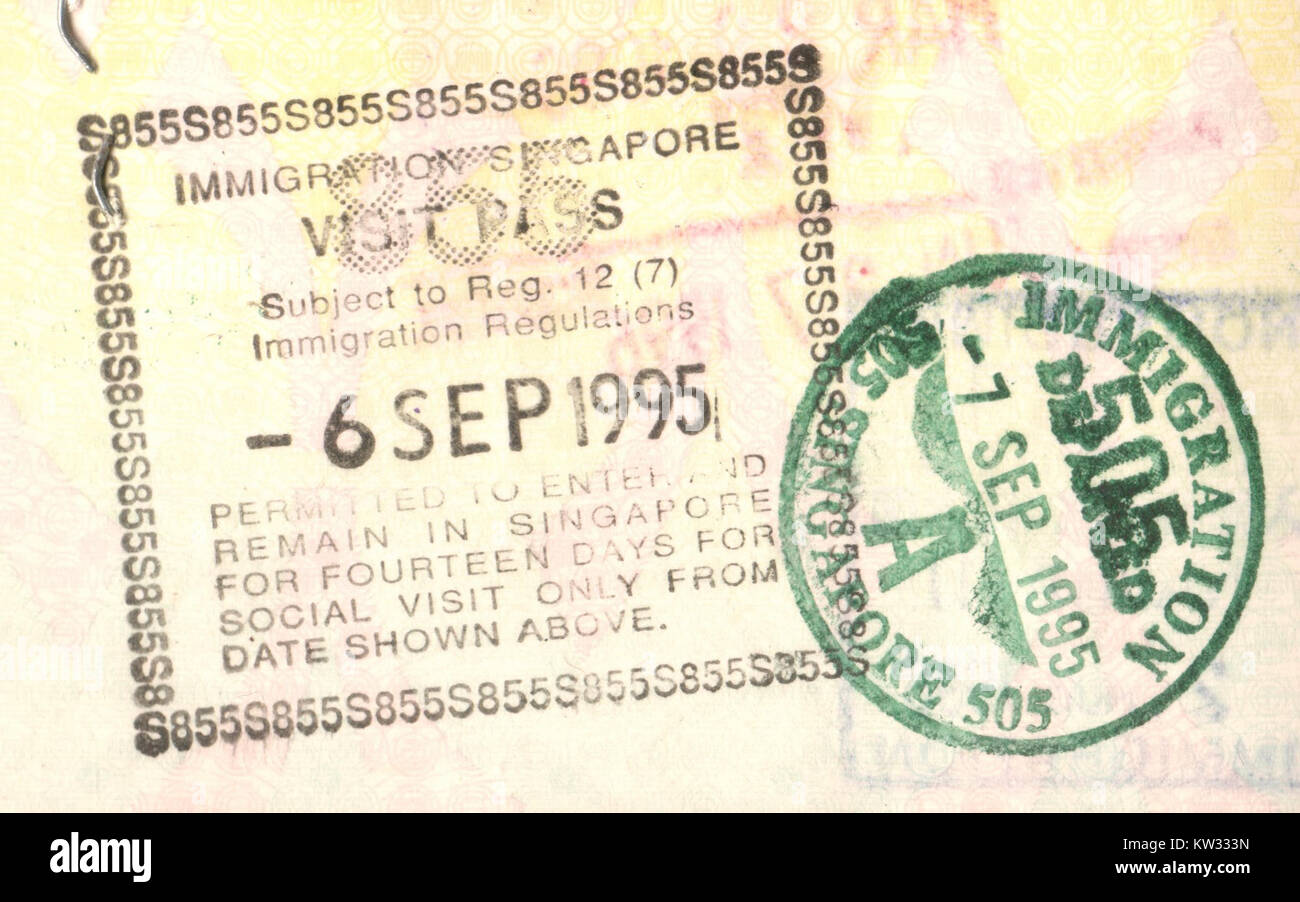This image shows the entry and exit stamps from Singapore in a passport ...
