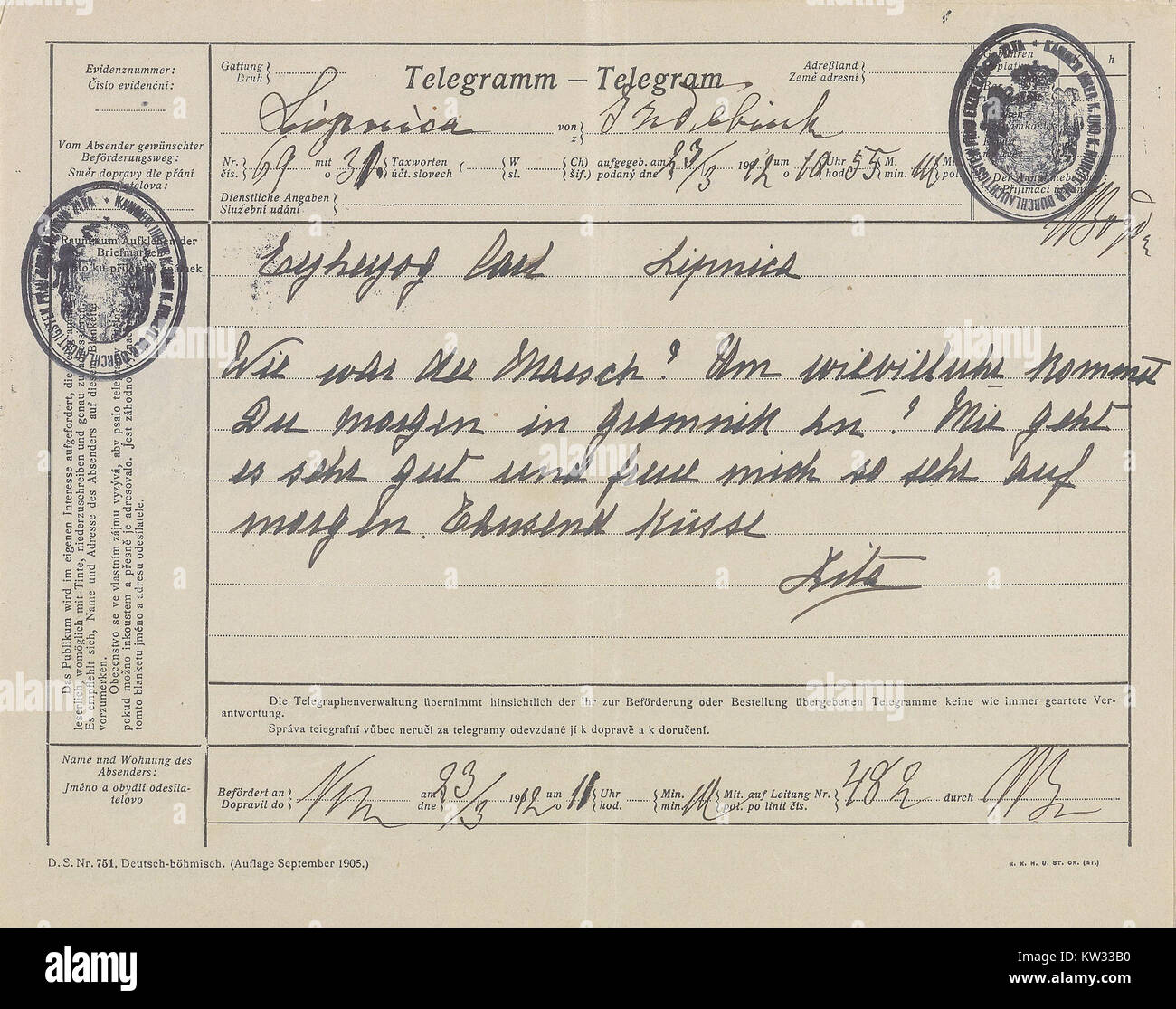 A telegram from 1912 sent by or to Zita of Bourbon-Parma, Empress of ...