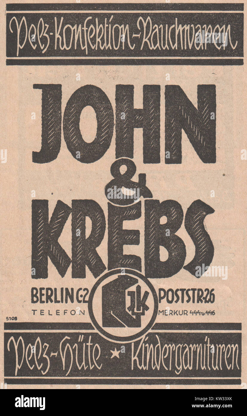 John & Krebs, Berlin, Pelz Konfektion und Rauchwaren (1926 Stock Photo ...