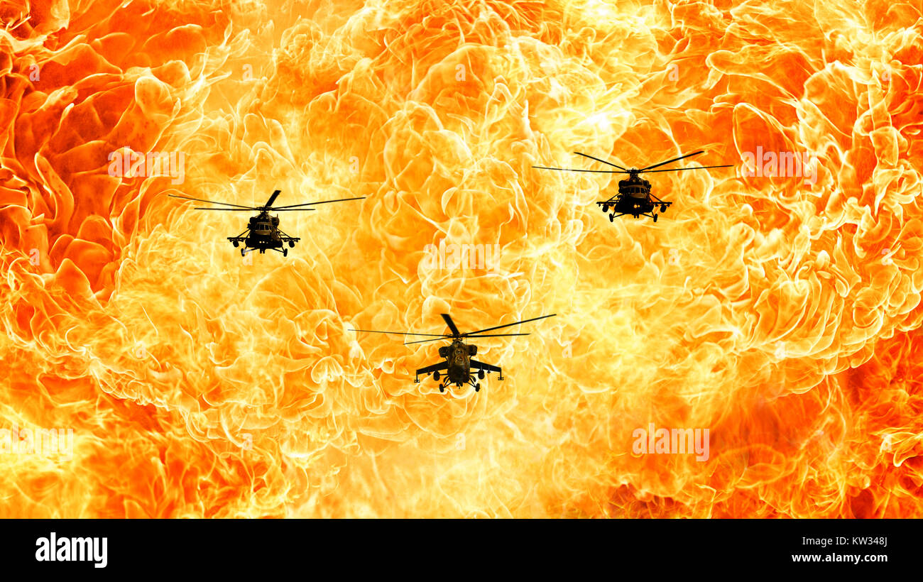 Helicopters on a fiery background, Fire flames Stock Photo - Alamy