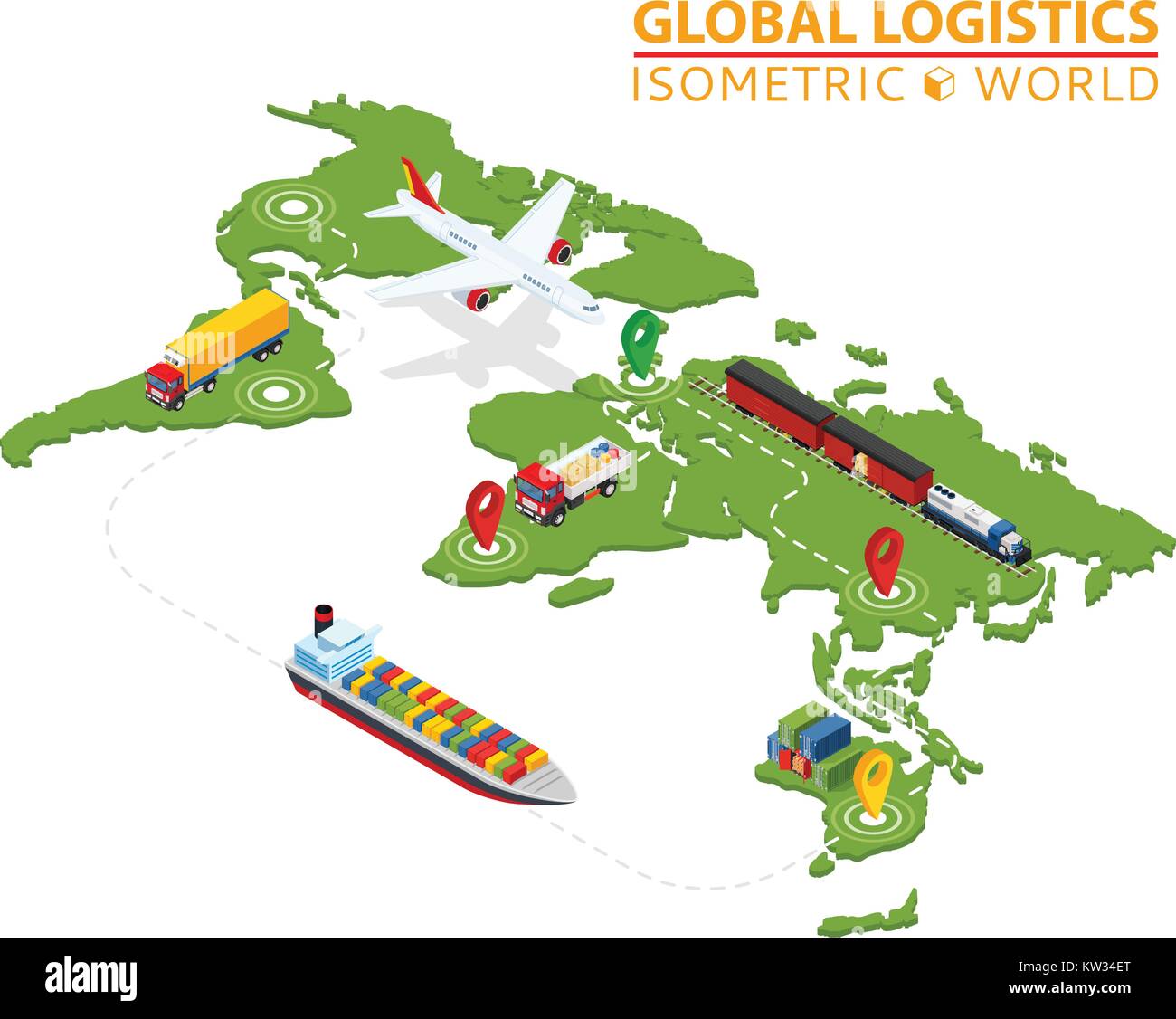 Global Logistic Isometric Vehicle Infographic. Ship Cargo Truck Van ...