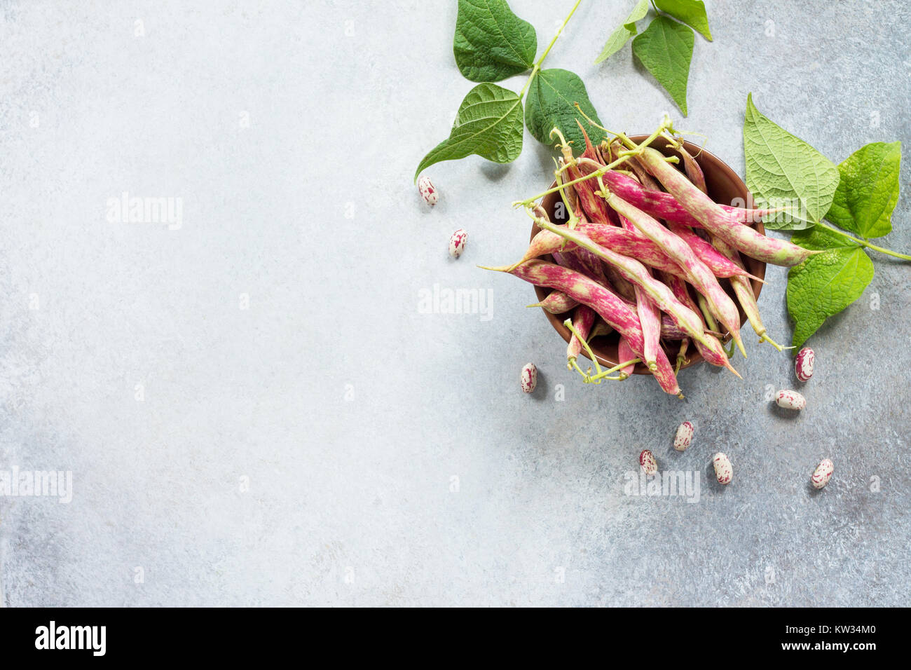 A pod of green beans and beans. Red beans on a gray slate or stone ...