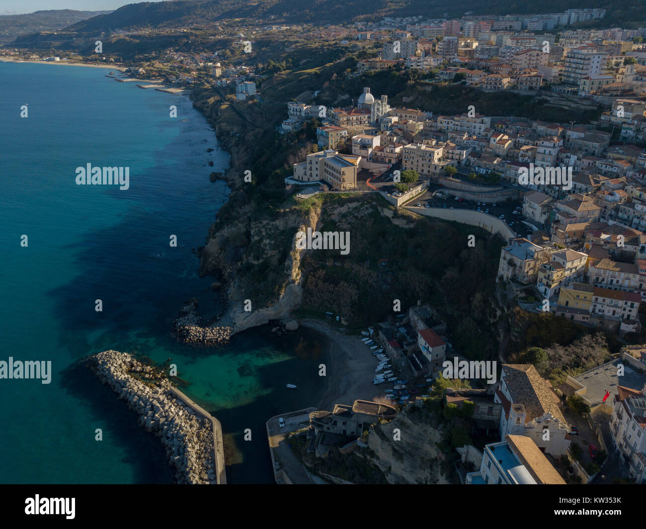 Aerial view of Pizzo Calabro, pier, castle, Calabria, tourism Italy ...