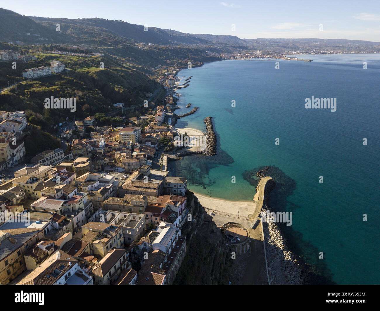 Aerial view of Pizzo Calabro, pier, castle, Calabria, tourism Italy ...