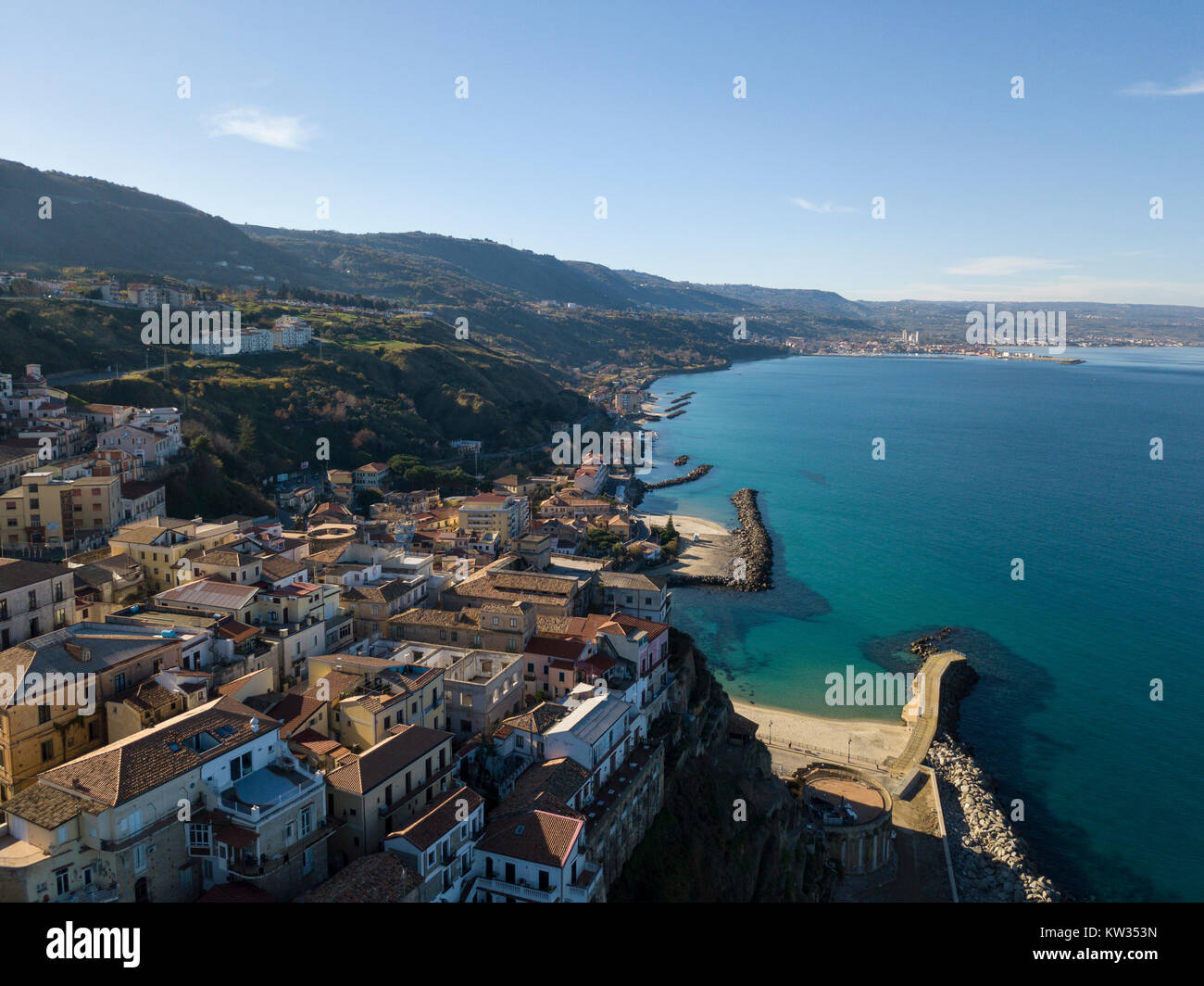 Aerial view of Pizzo Calabro, pier, castle, Calabria, tourism Italy ...