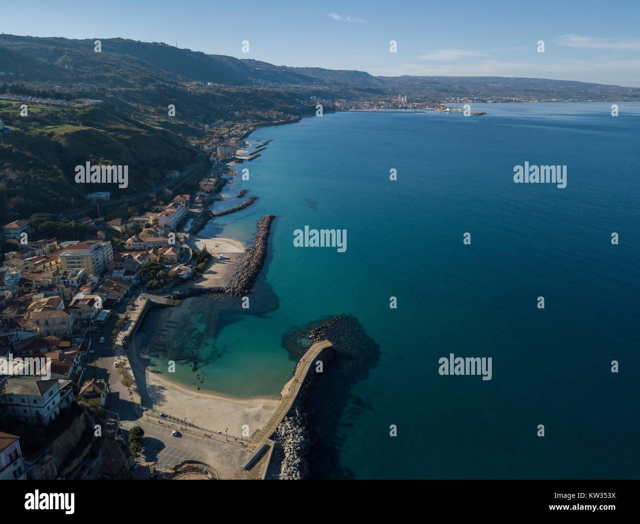 Aerial view of Pizzo Calabro, pier, castle, Calabria, tourism Italy ...