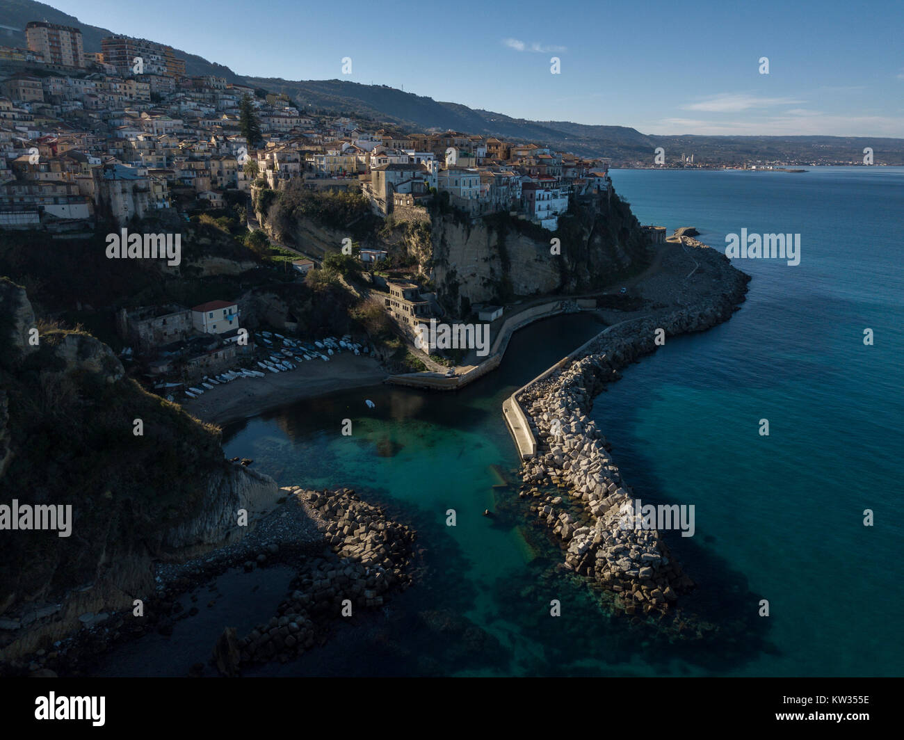 Aerial view of Pizzo Calabro, pier, castle, Calabria, tourism Italy ...
