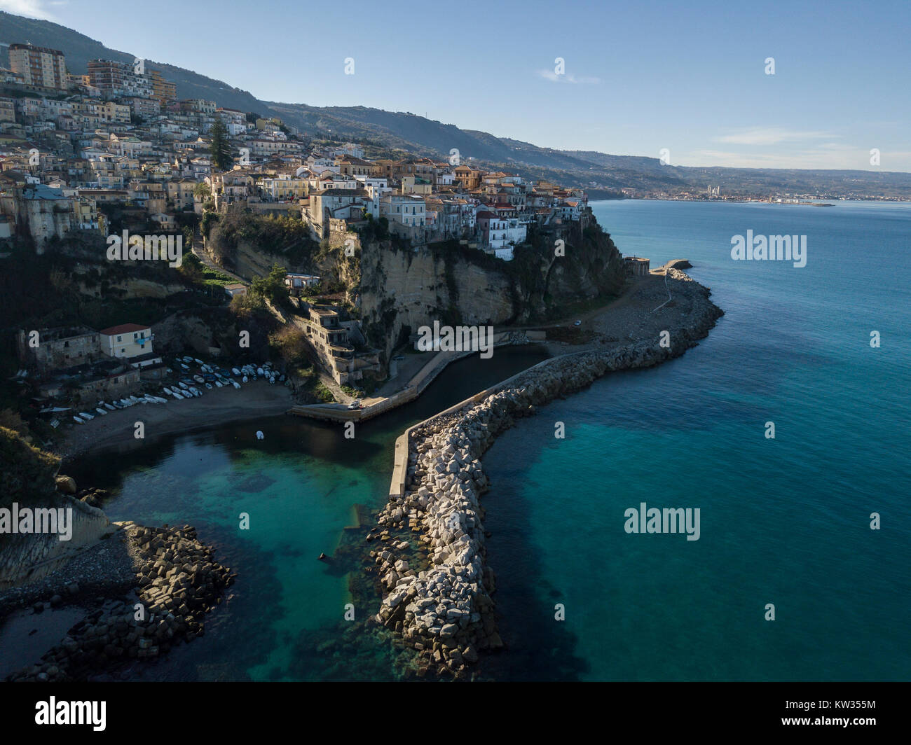 Aerial view of Pizzo Calabro, pier, castle, Calabria, tourism Italy ...