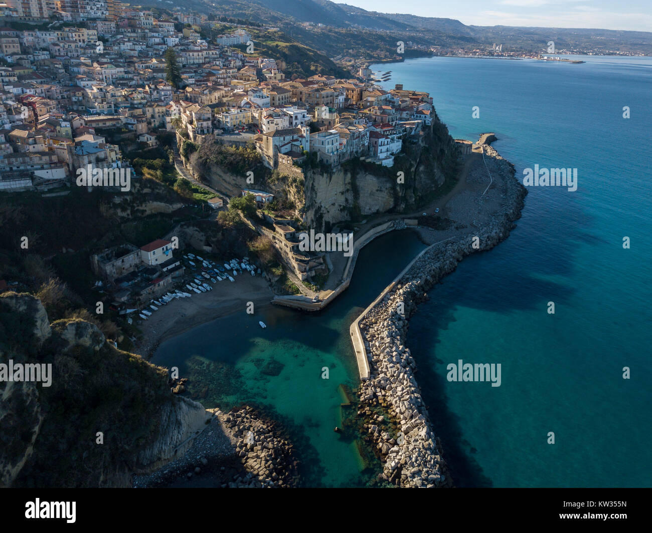 Aerial view of Pizzo Calabro, pier, castle, Calabria, tourism Italy ...
