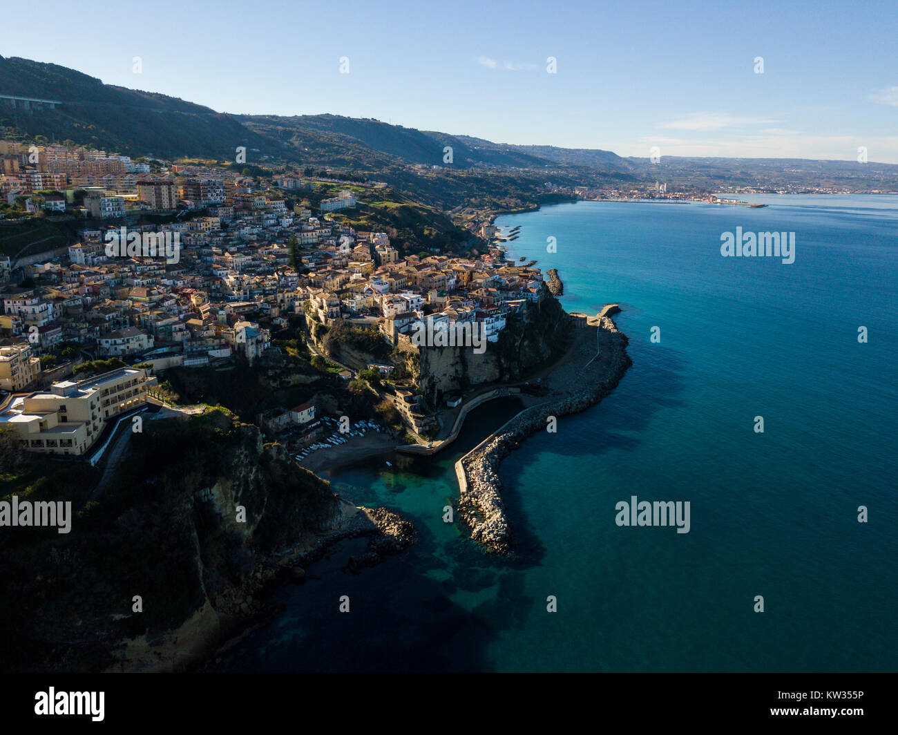 Aerial view of Pizzo Calabro, pier, castle, Calabria, tourism Italy ...