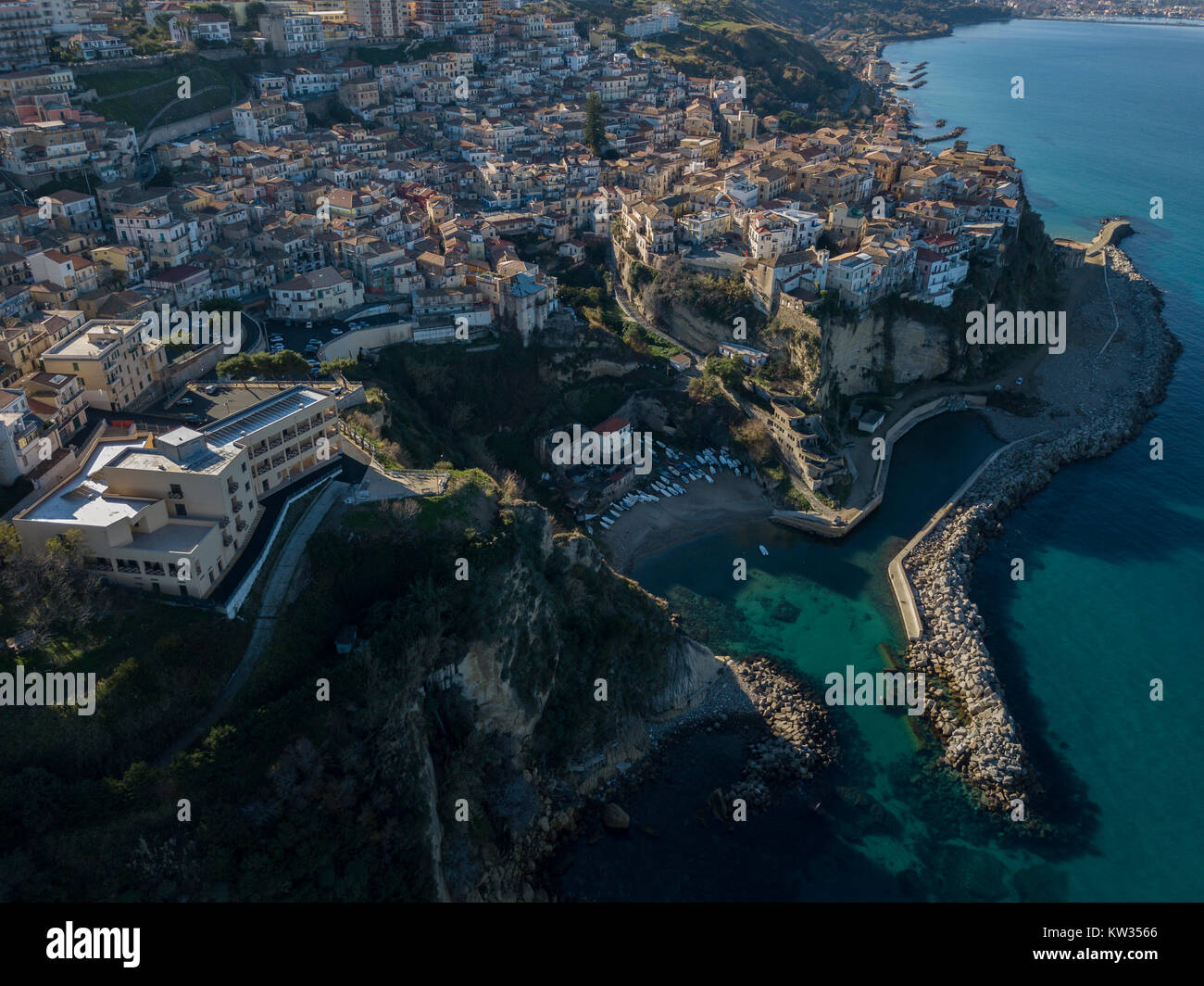 Aerial view of Pizzo Calabro, pier, castle, Calabria, tourism Italy ...