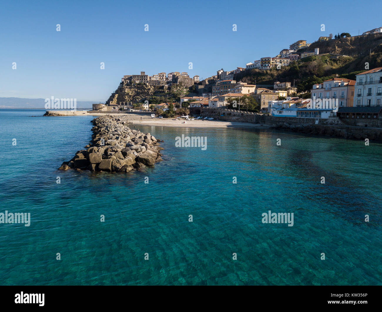 Aerial view of Pizzo Calabro, pier, castle, Calabria, tourism Italy ...