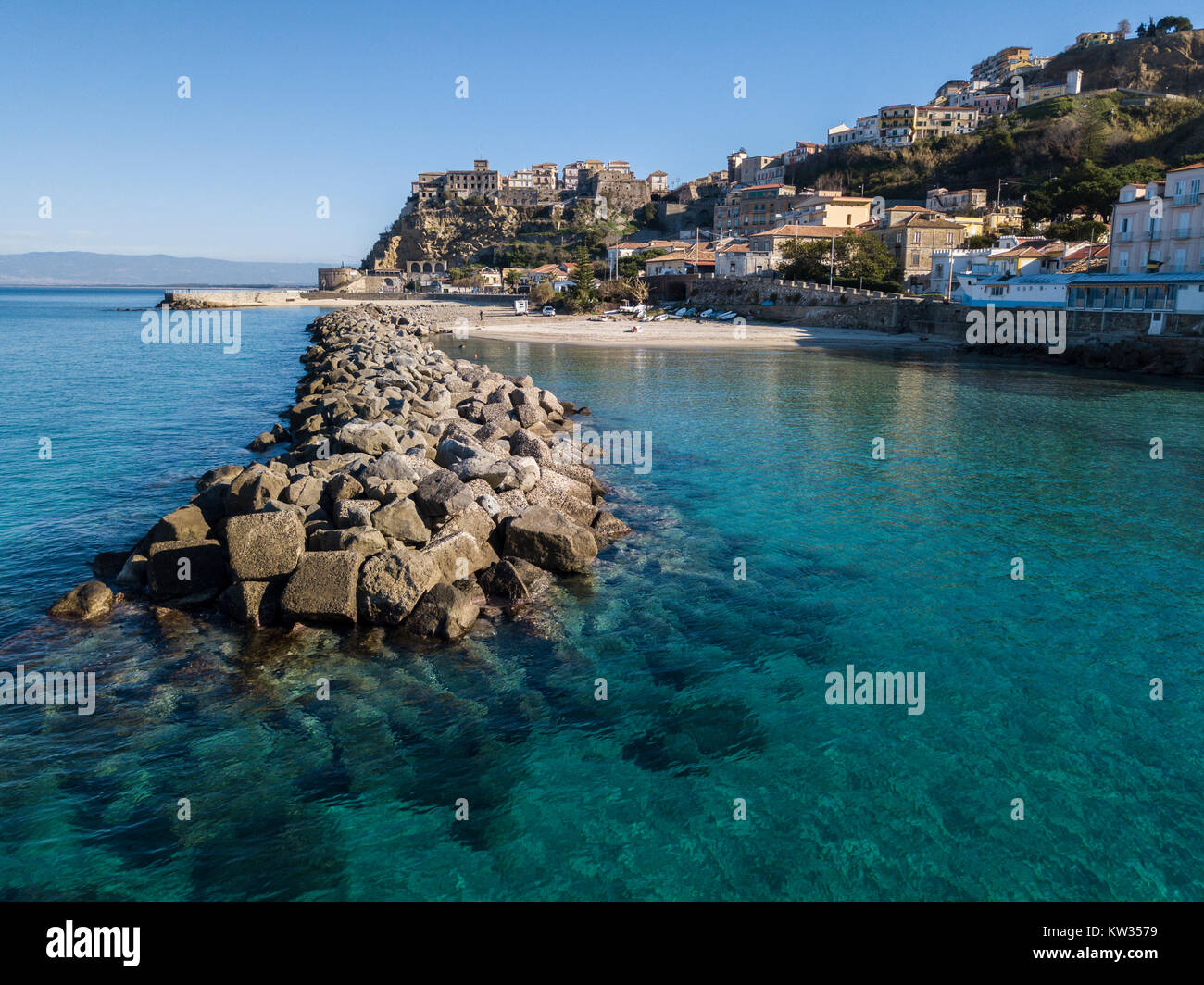Aerial view of Pizzo Calabro, pier, castle, Calabria, tourism Italy ...