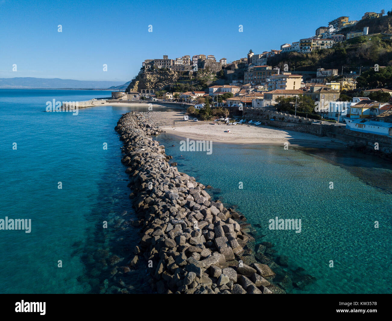 Aerial view of Pizzo Calabro, pier, castle, Calabria, tourism Italy ...