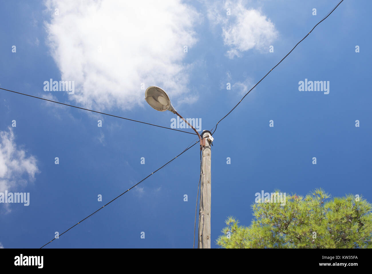Abstract - wooden pole and wire lines against a blue sky Stock Photo ...