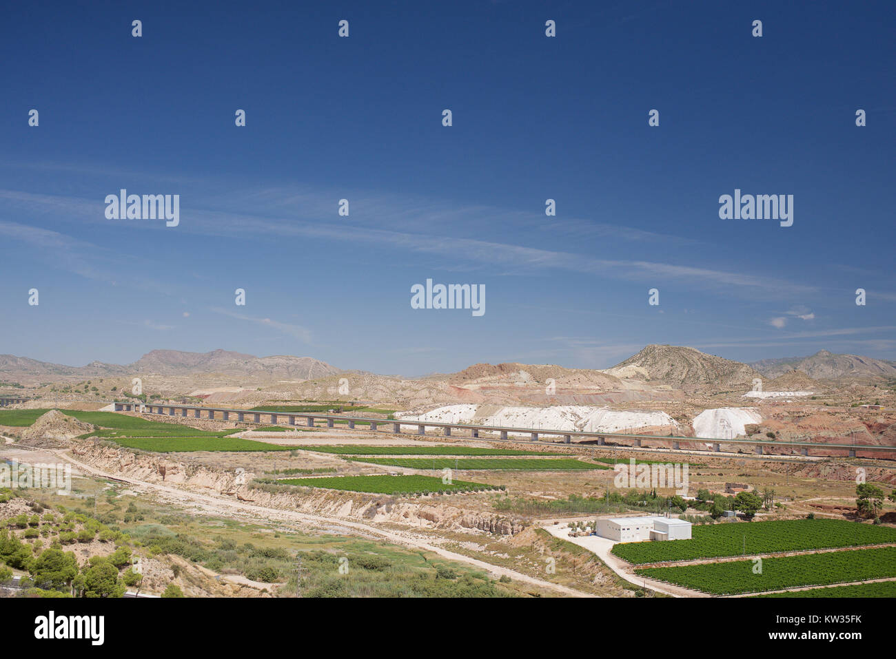 Modern railway viaduct in the landscape near Novelda, Alicante, Spain ...
