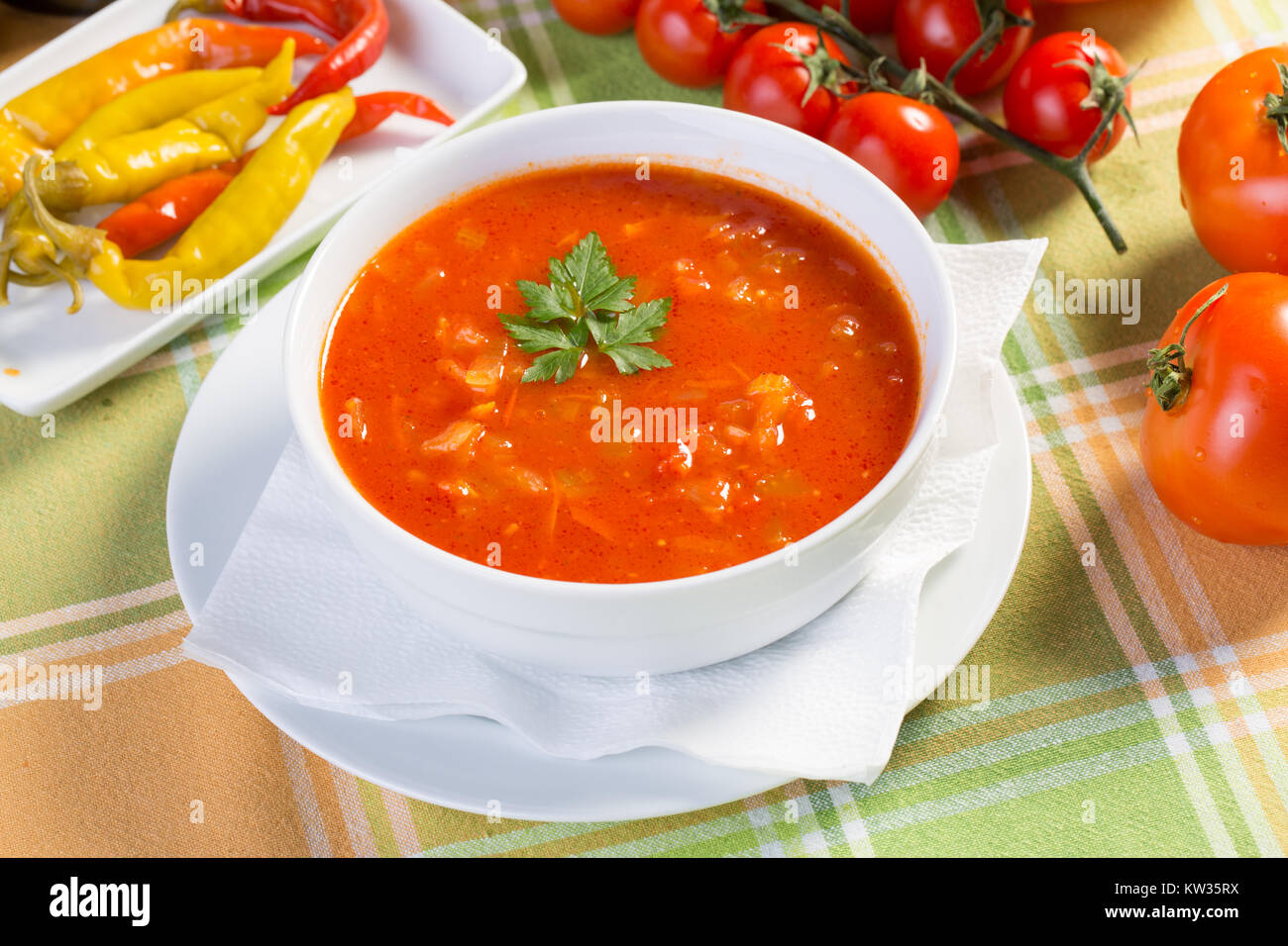 Close up of healthy vegetable soup with ingredients around Stock Photo ...