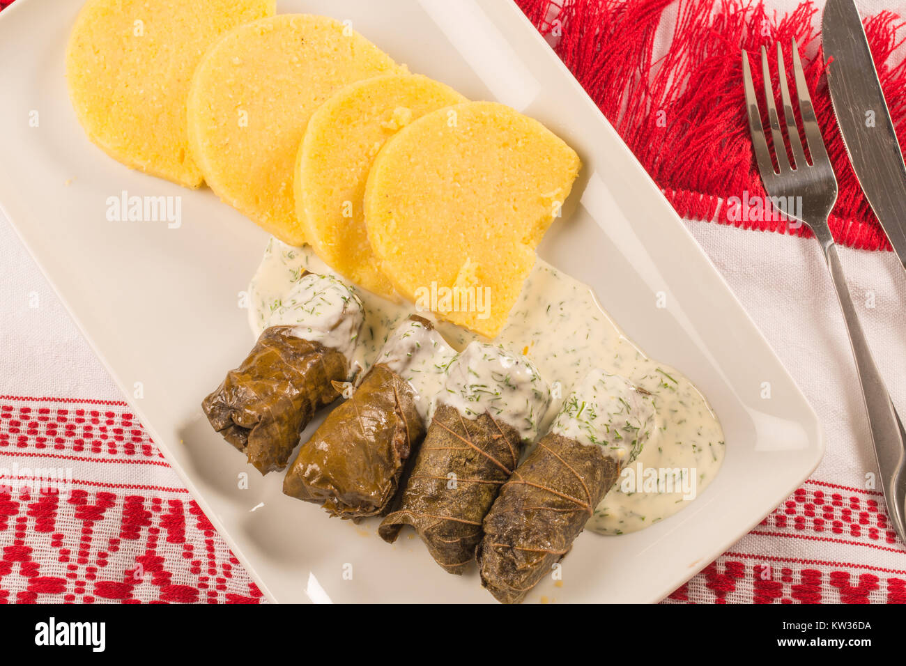 Grape leaf rolls with sour cream sauce on a traditional background ...