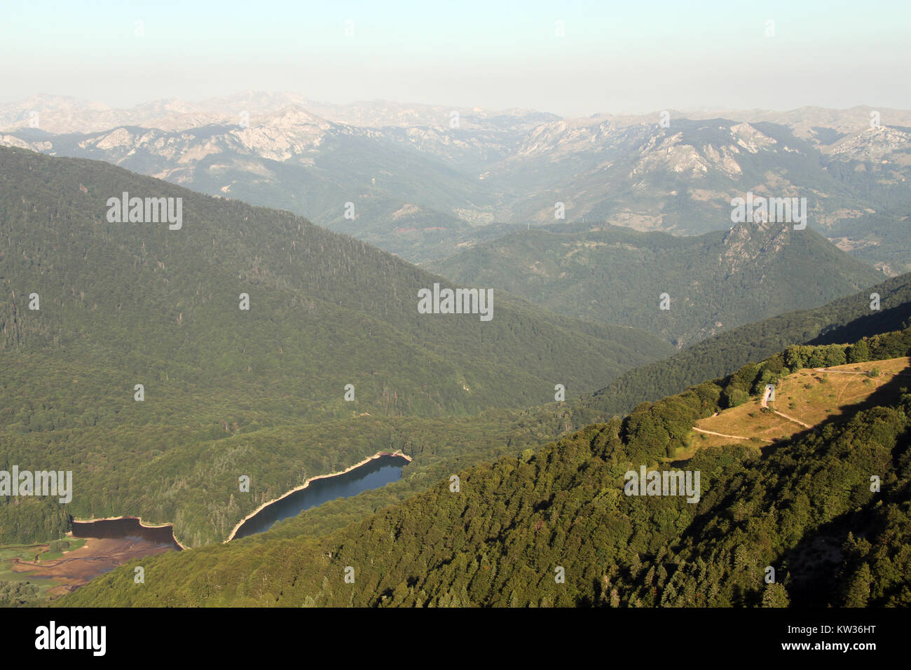 Two lakes in the forest in national park Beogradsko ezero, Montenegro ...