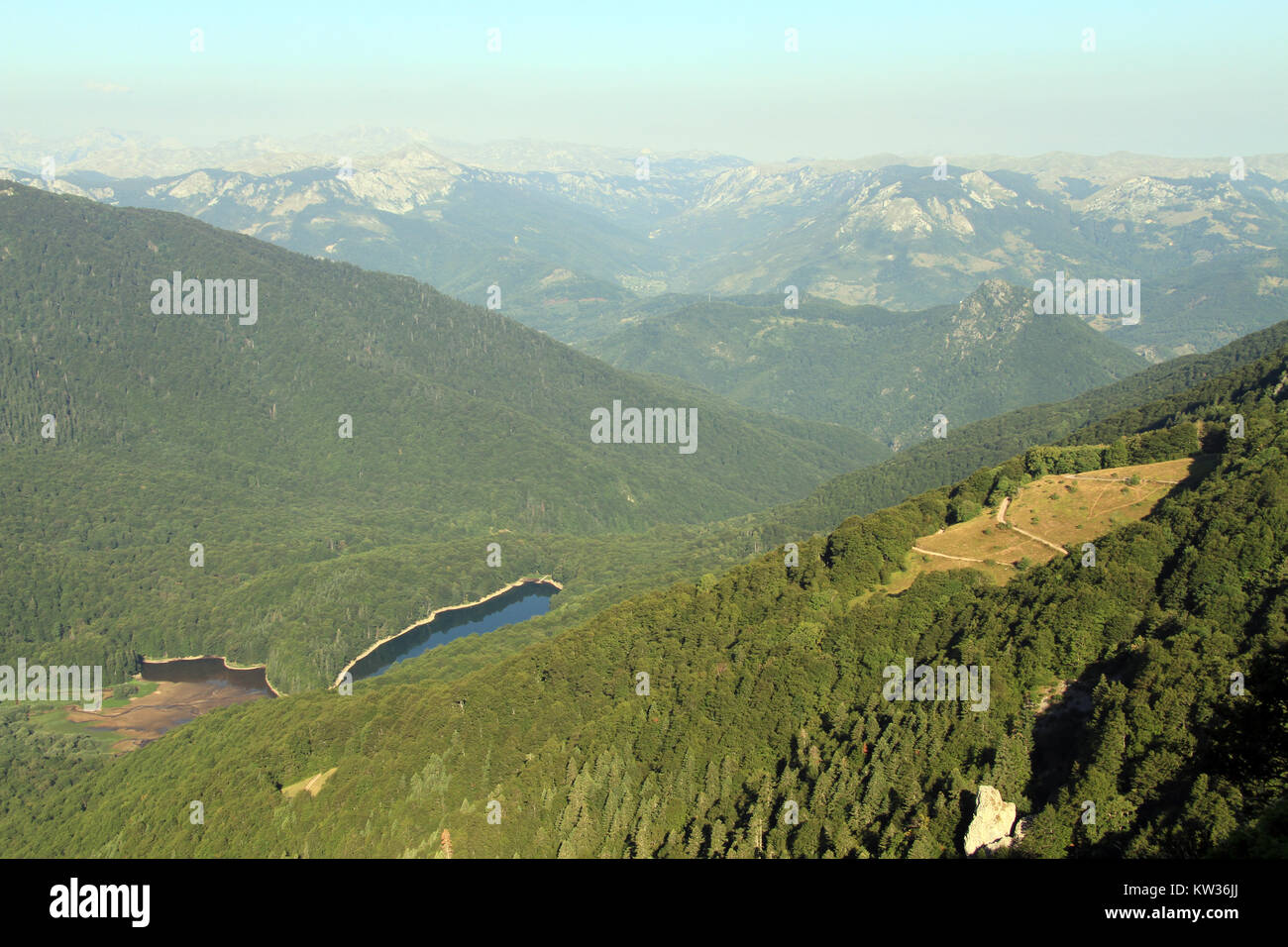 Two lakes in the forest in national park Beogradsko ezero, Montenegro ...