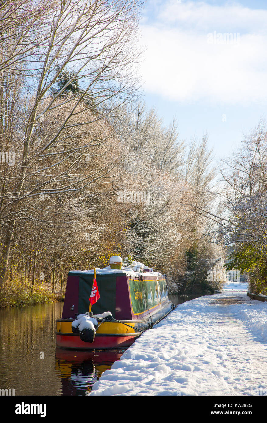 Sunny winter morning scene by Worcestershire canal, UK. Isolated ...