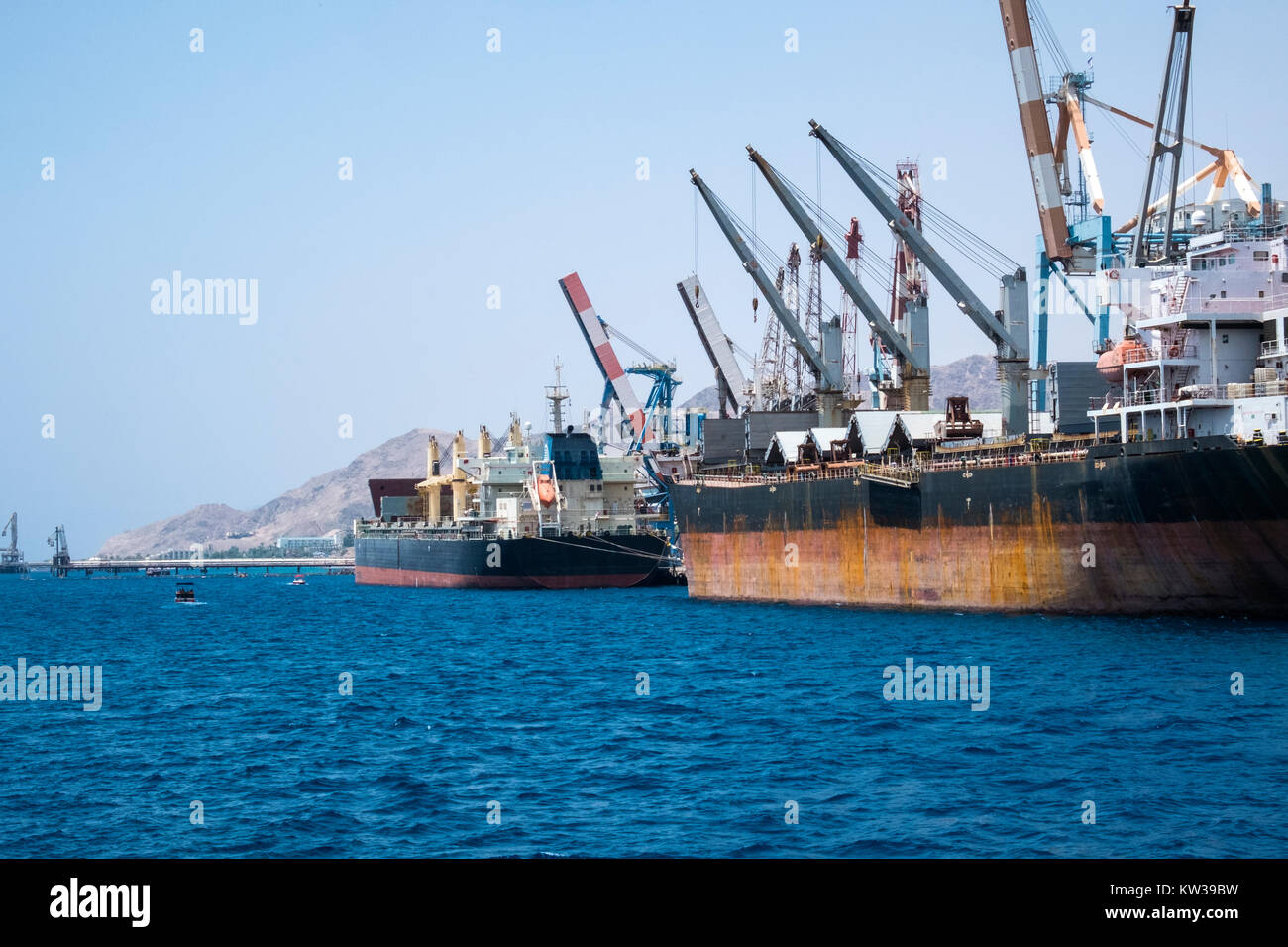 Cargo ships stand in the port of Eilat on the Red Sea (Israel Stock ...