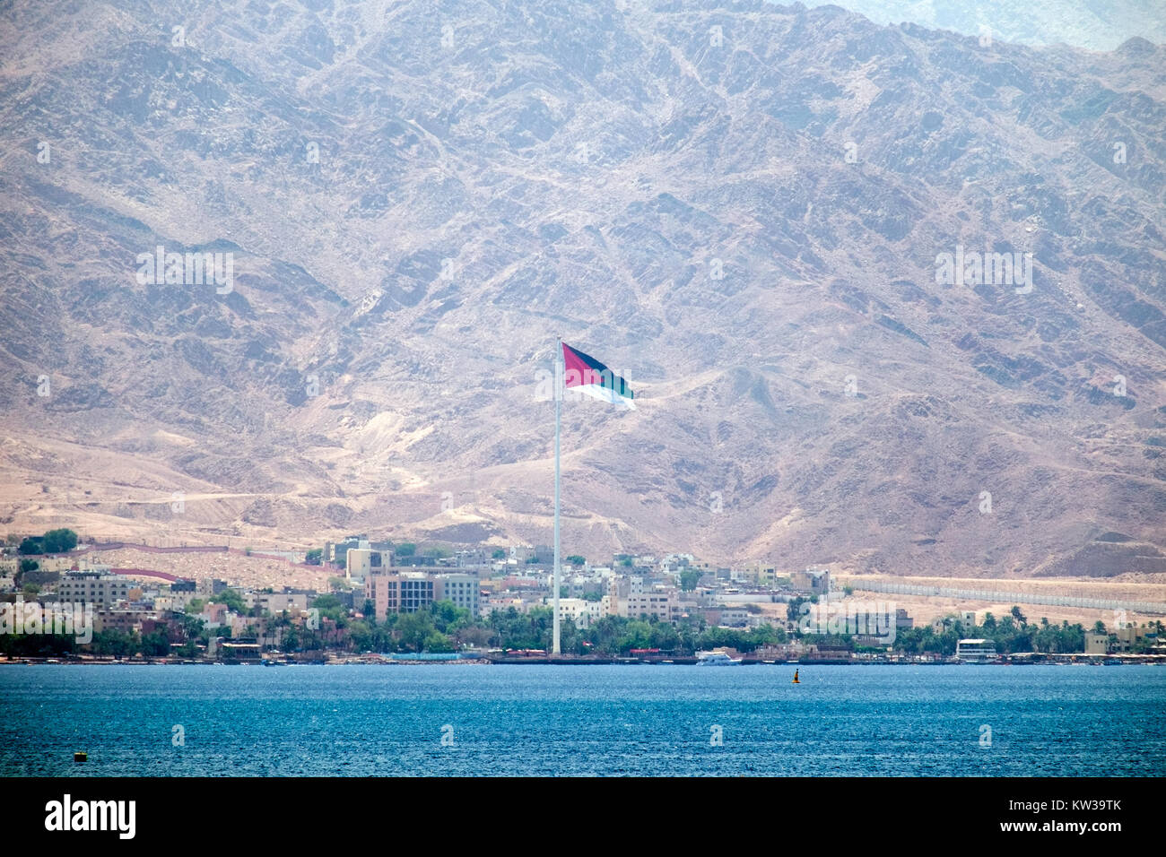 Red sea and coastline of Jordan against the backdrop of the towering ...